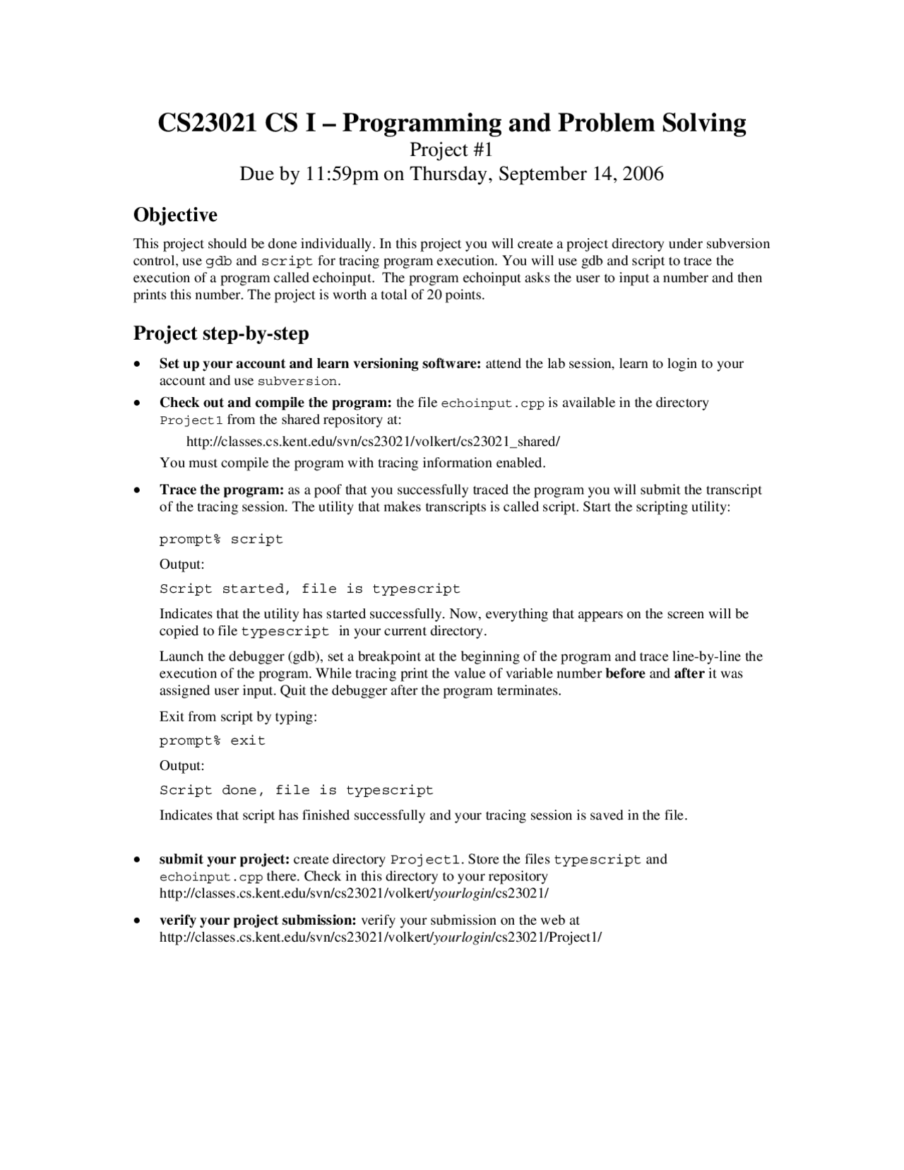 Create a Project Directory Under Subversion Control | CS 23021 - Docsity