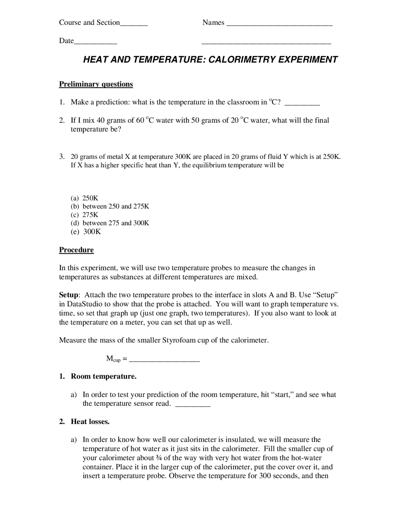 Heat and Temperature: Calorimetry Experiment | PH 105 - Docsity