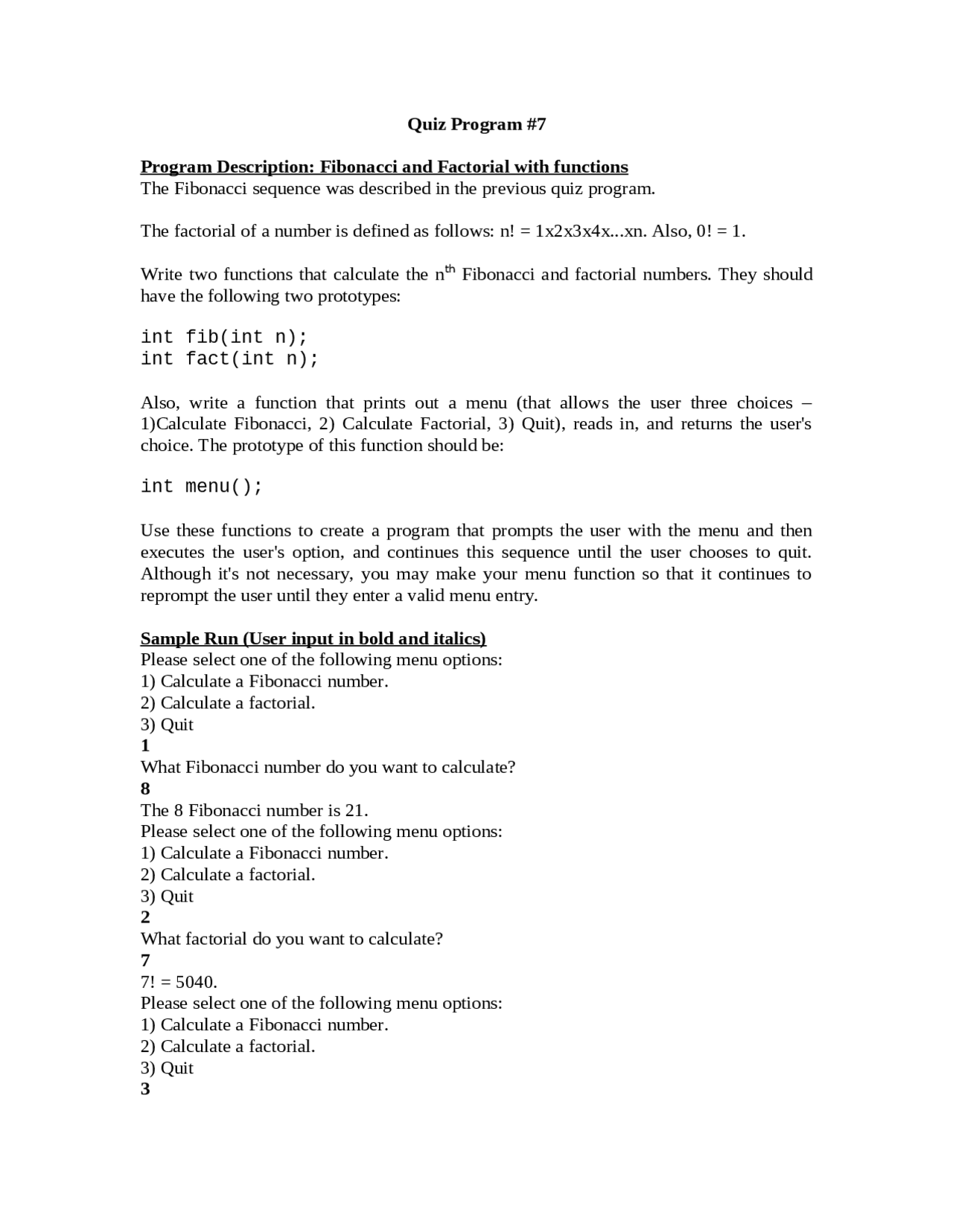 Questions on Program Description and Sample Run with Answer - Quiz | COP 3223 - Docsity
