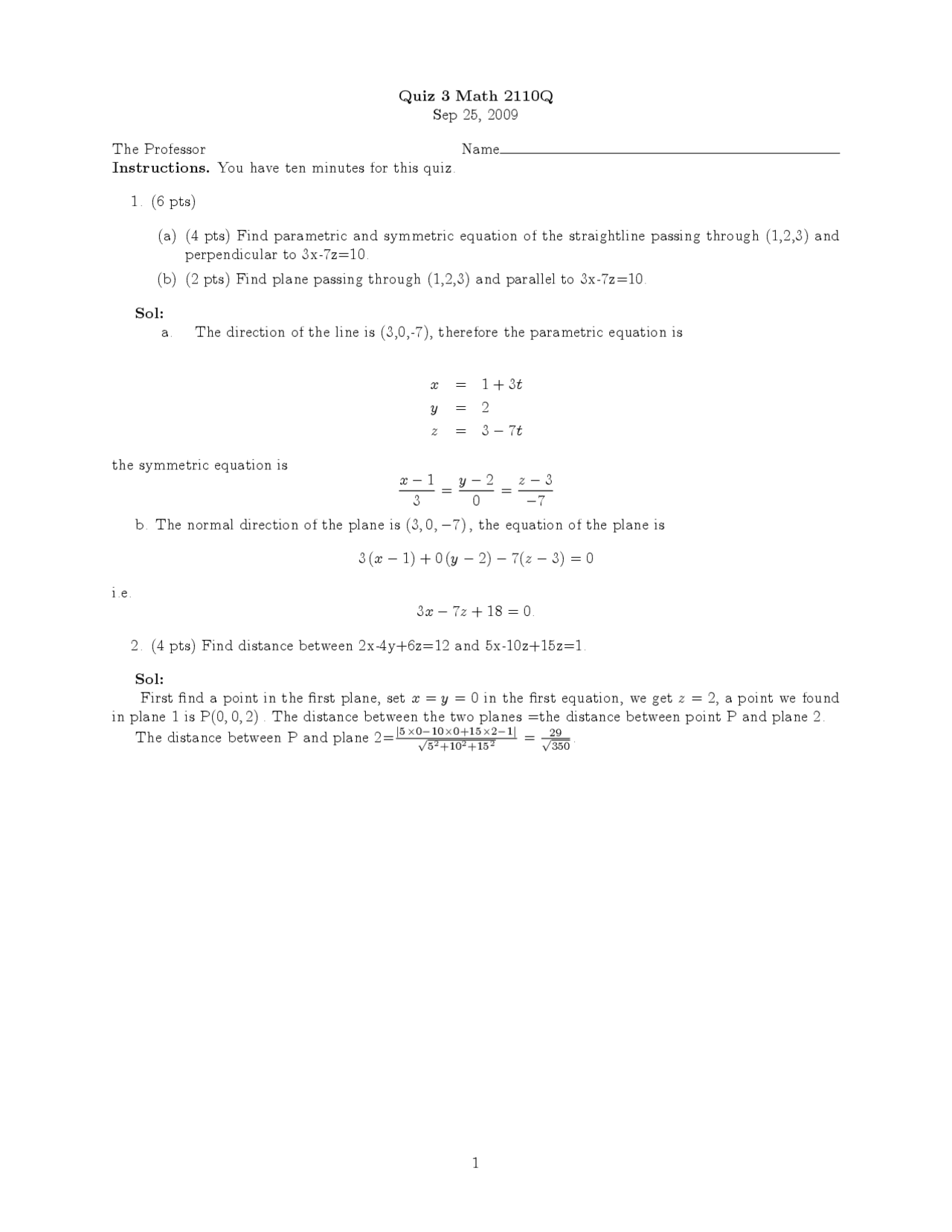 Solution Of Quiz 1 Multivariable Calculus Math 2110 Docsity