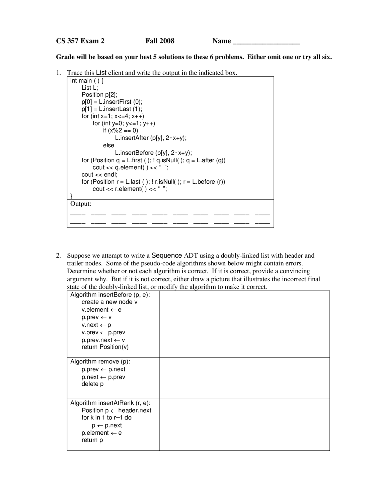 Exam Ii Questions Data Structures Fall 2008 Cs 357 Docsity