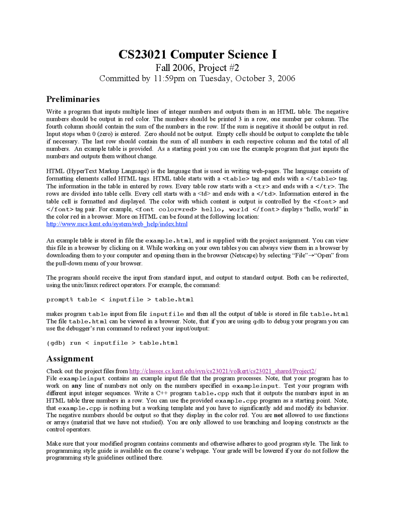 Project Ii Computer Science Fall 2006 Cs 23021 Docsity