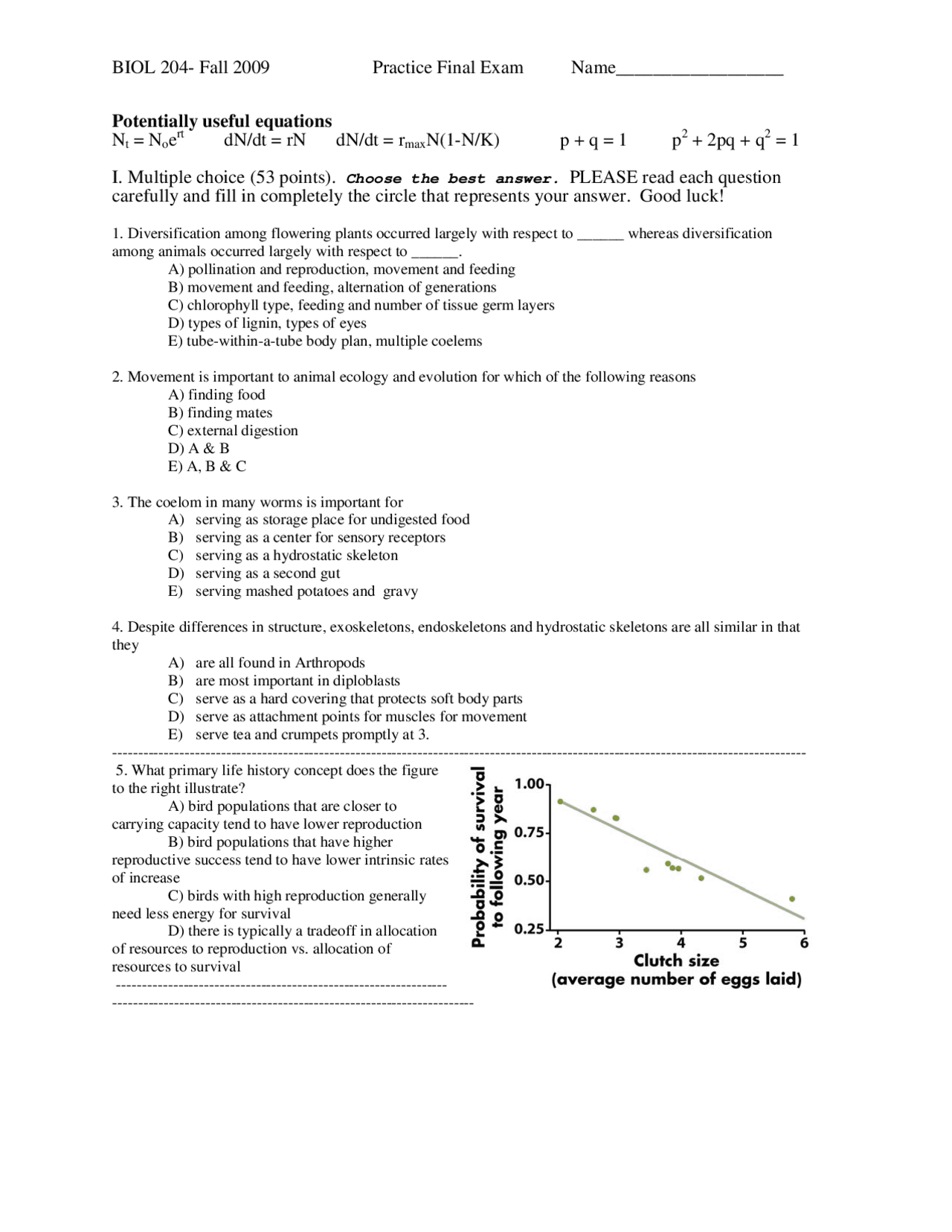 Practice Final Exam For Introduction To Evolution Ecology And