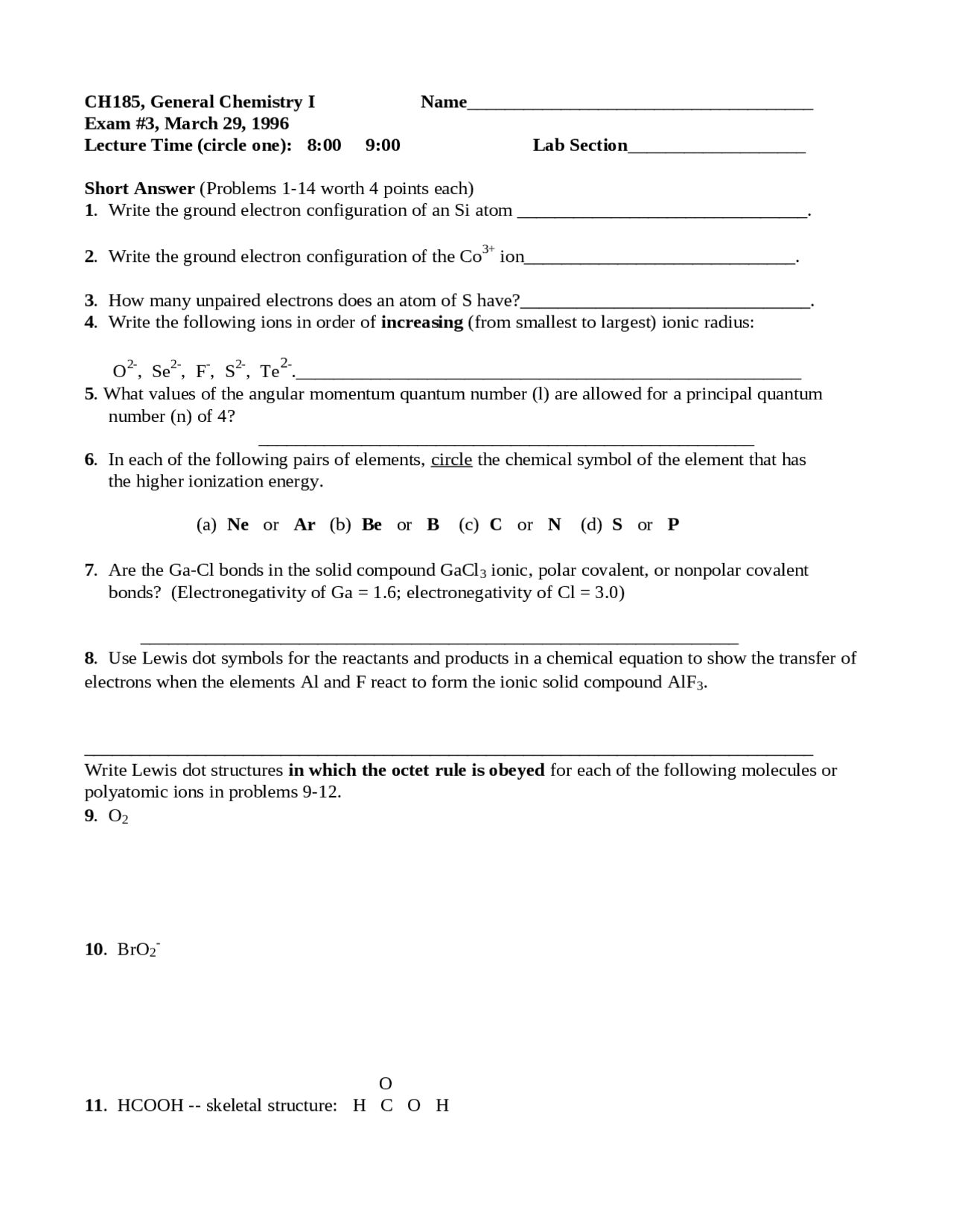 General Chemistry I Exam 3: Questions and Answers | Exams Chemistry ...
