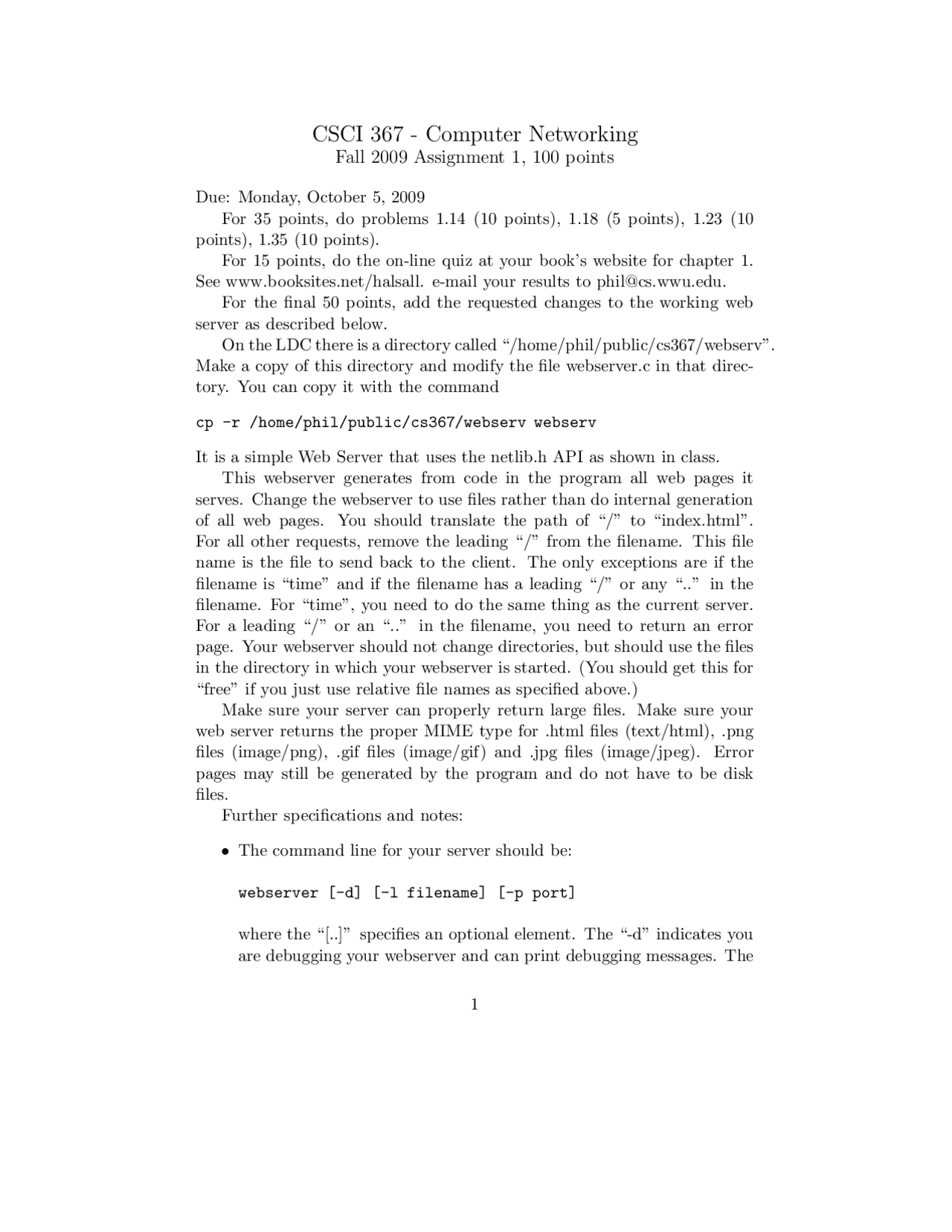 Assignment 1 on Computer Networks I | CSCI 367 - Docsity