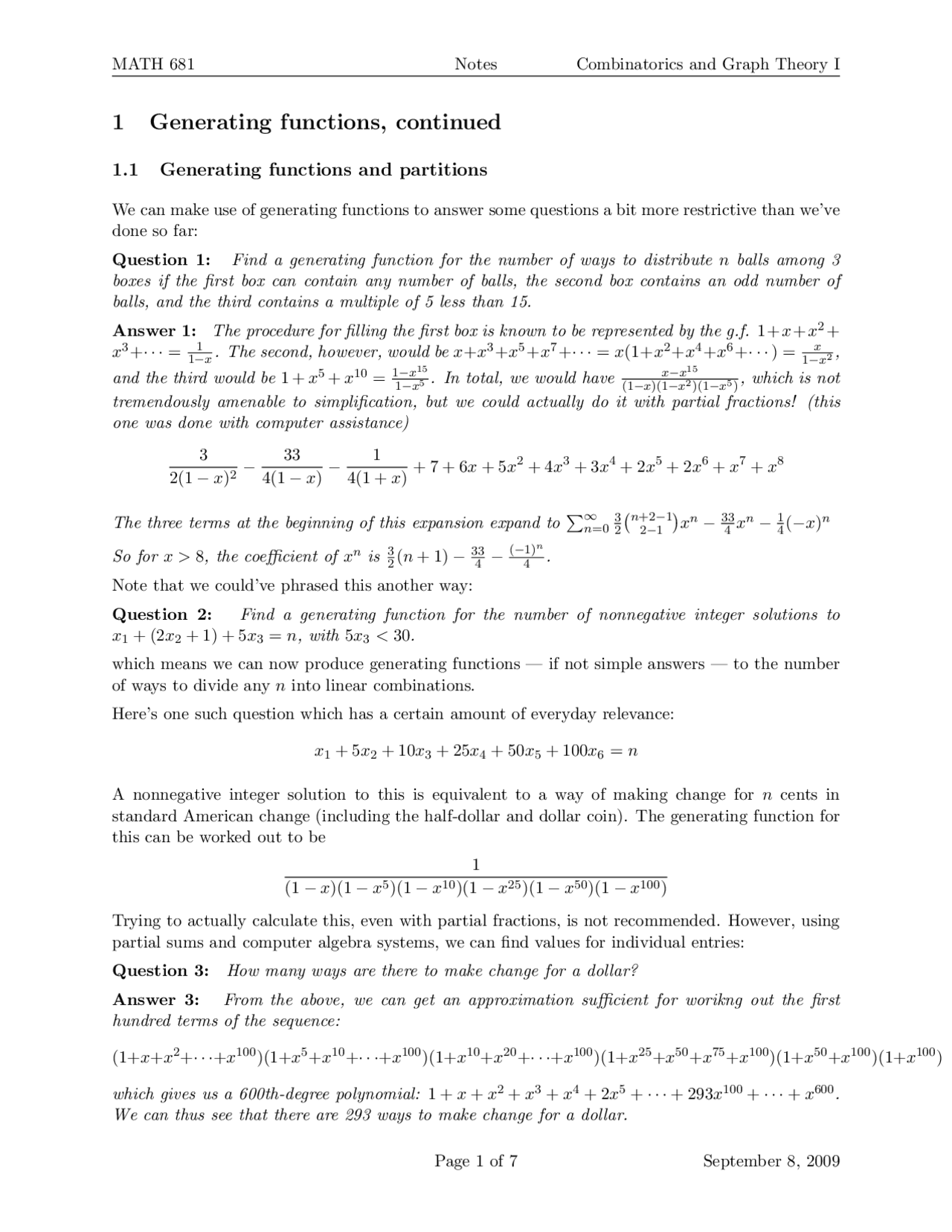 10 Solved Questions On Generating Functions And Partitions Math 681
