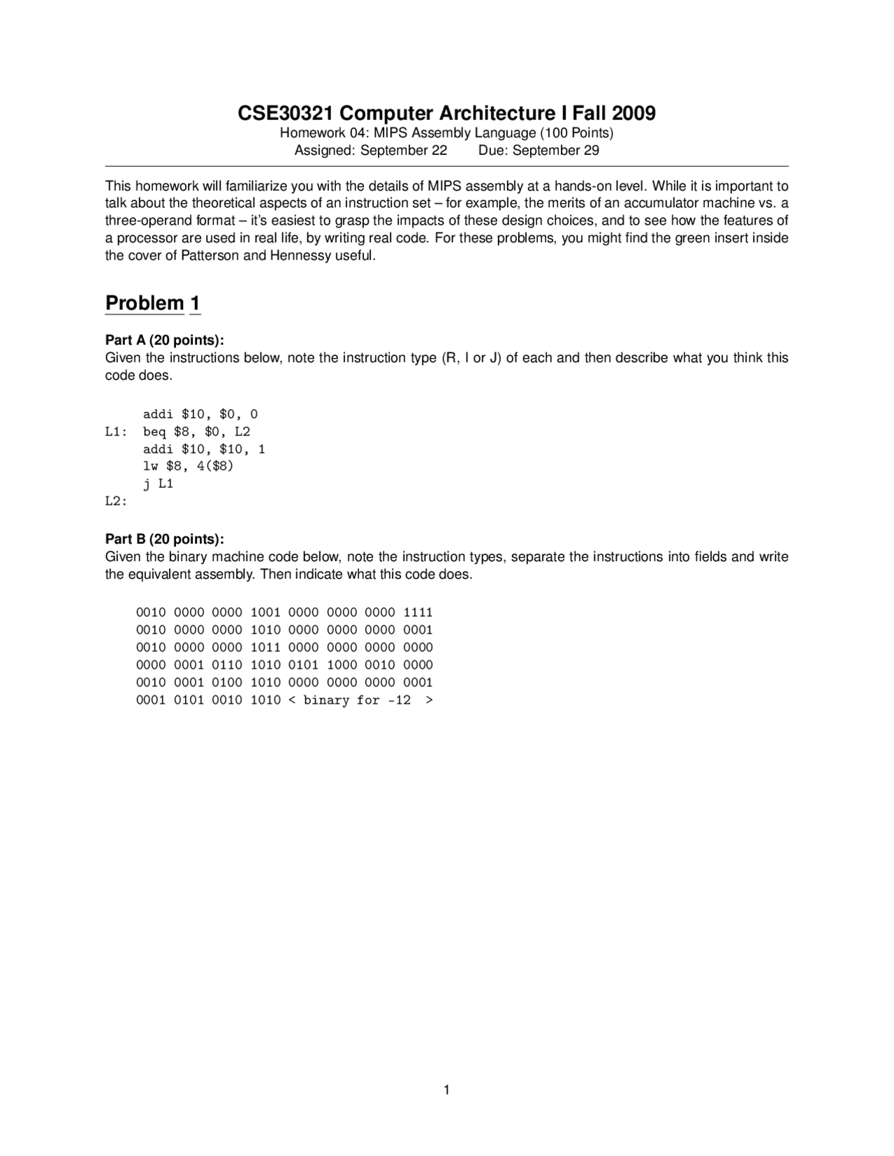 Computer Architecture I - Homework 4 Problems | CSE 30321 | Assignments ...
