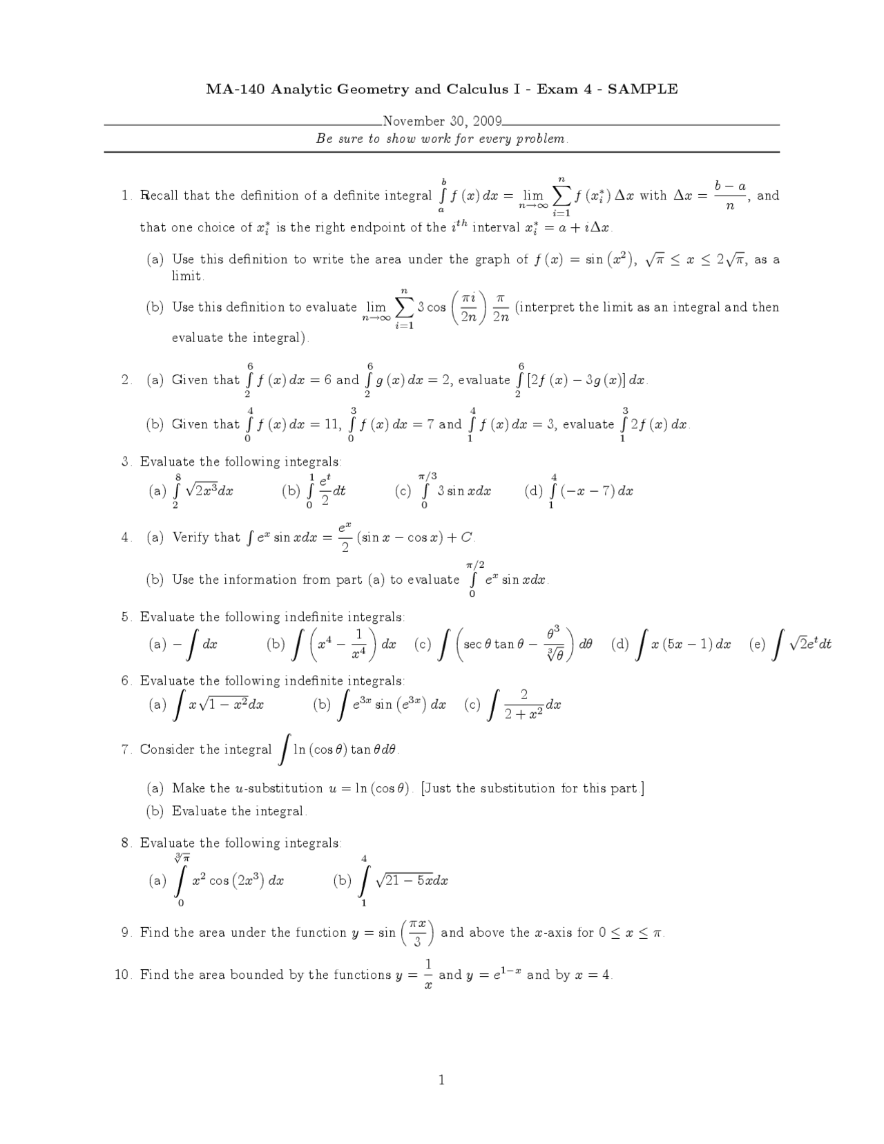 Sample Exam 4 For Analytical Geometry And Calculus I Ma 140 Docsity