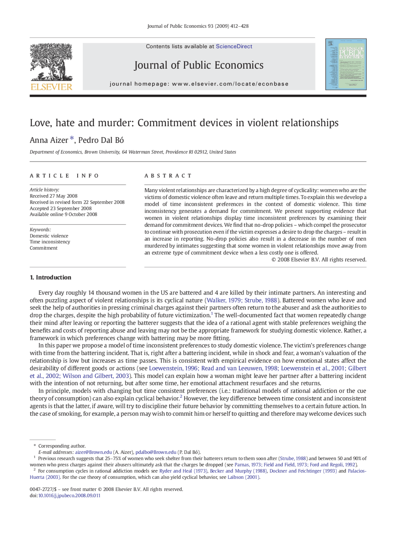 Love, Hate and Murder: Commitment Devices in Violent Relationships | ECON XLIST - Docsity