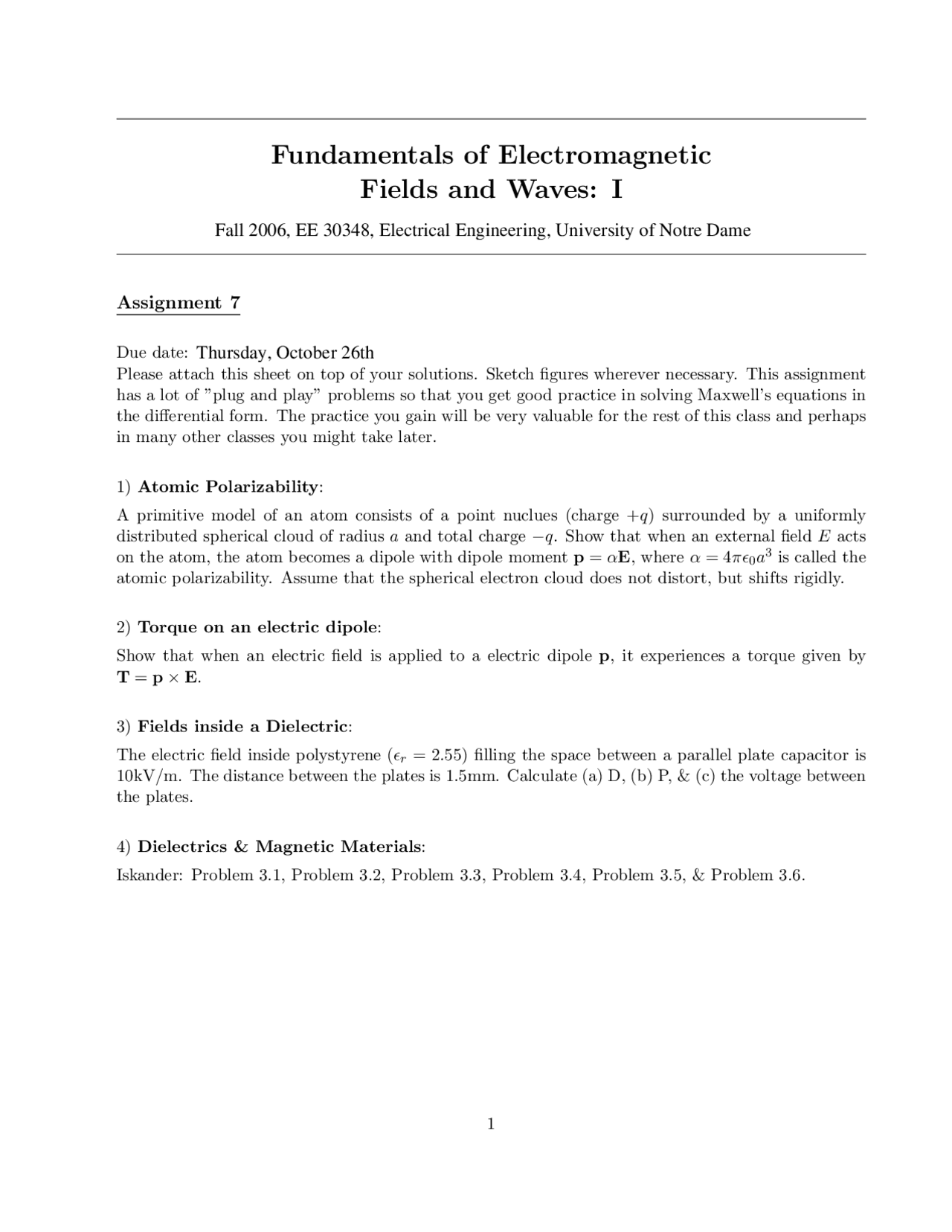 Homework 7 Electromagnetic Fields And Waves I Fundamentals Ee