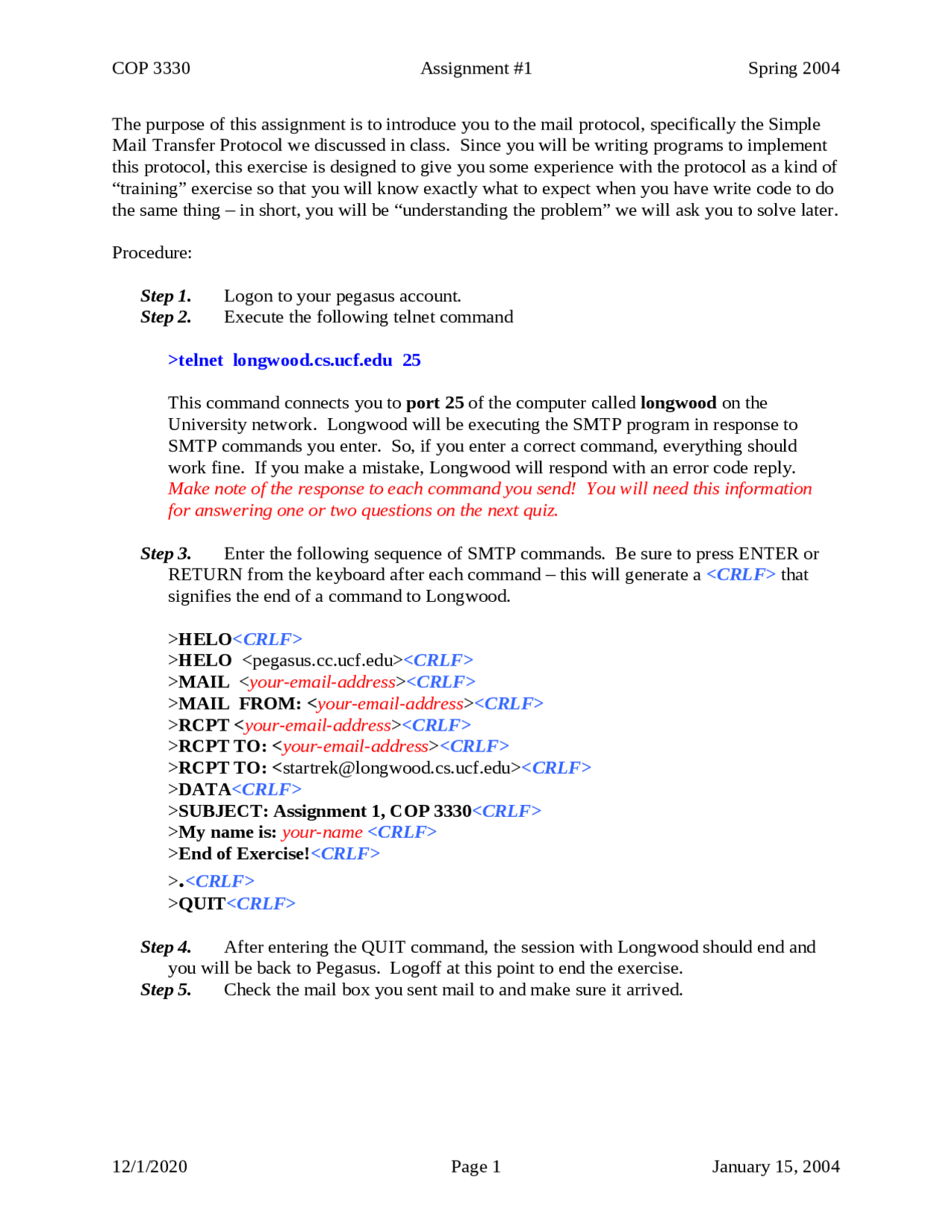Assignment 1 For Mail Protocol Object Oriented Programming Cop 3330 6444