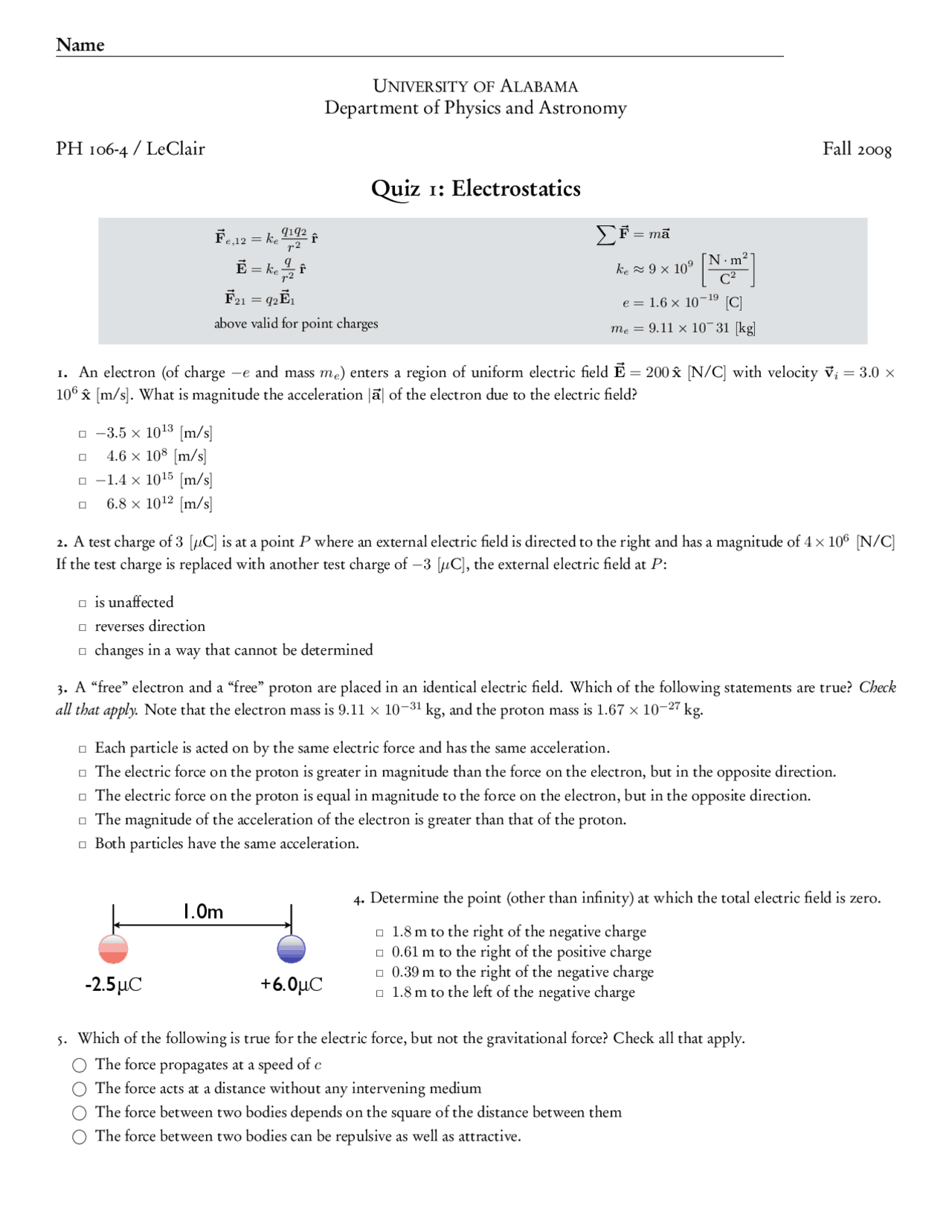 5 Questions On Electrostatics Quiz 1 Ph 106 Docsity