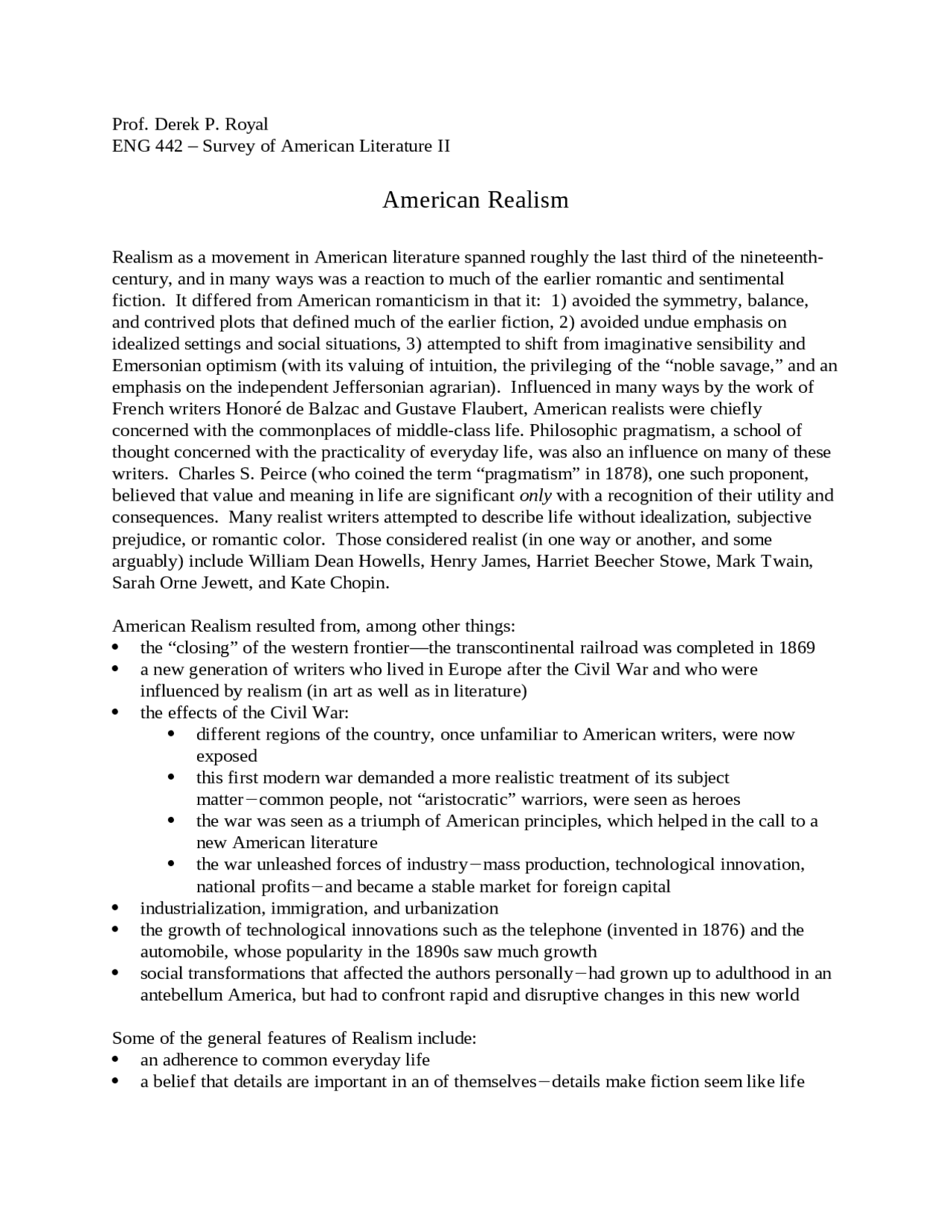 American Realism - Survey American Literature II | ENG 442 - Docsity