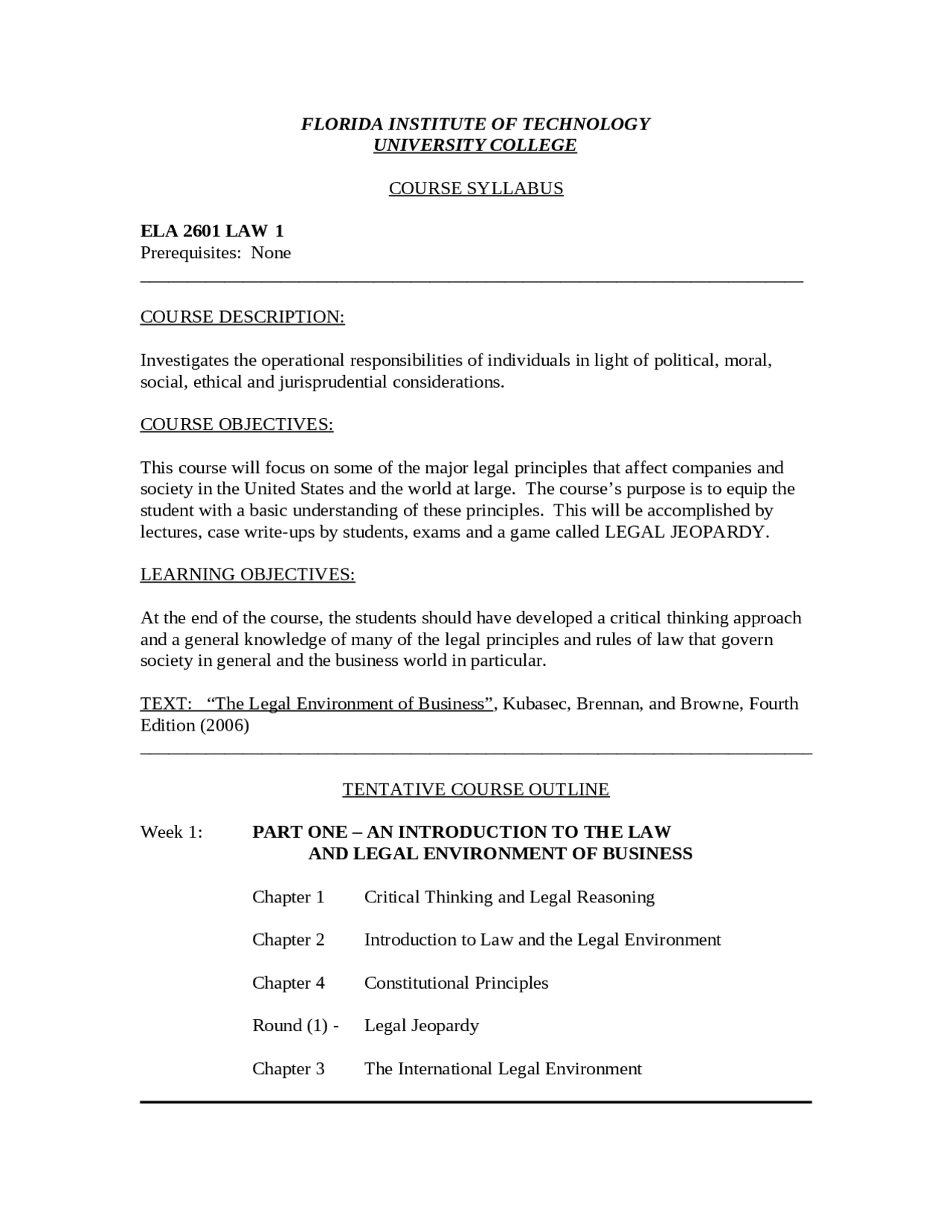 Introductory Course Syllabus Law I Ela 2601 Docsity