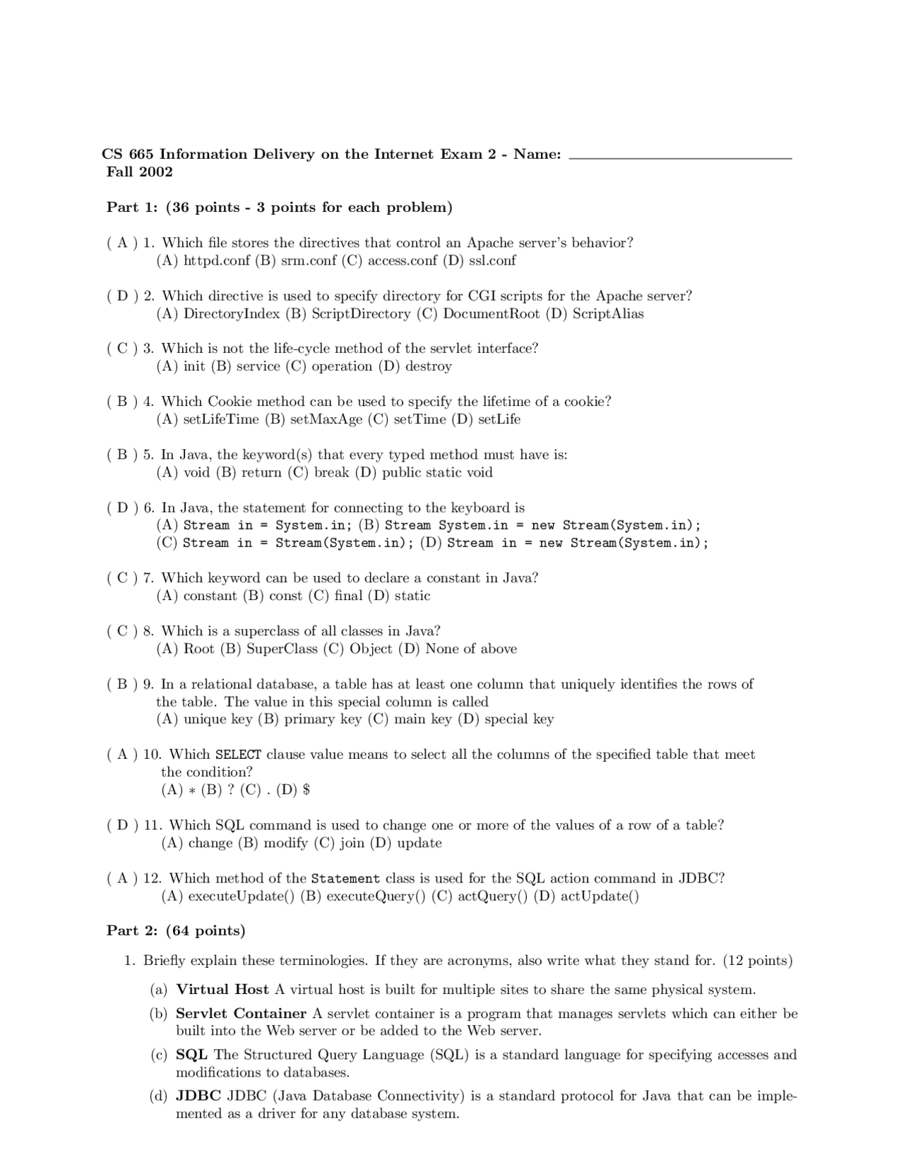 Examination 2 Solved Questions On The Internet Cs 655 Docsity