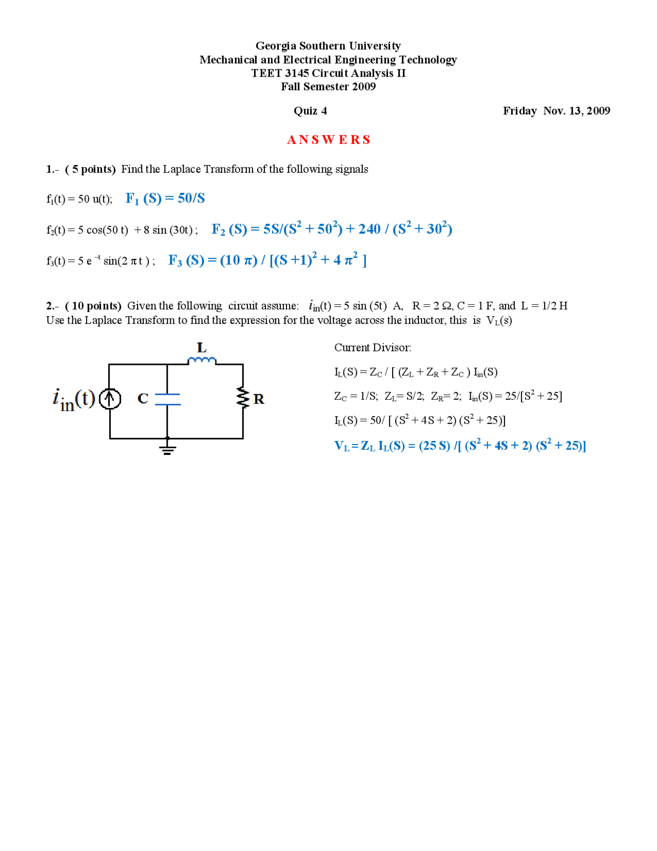 Circuit Analysis Ii Quiz 4 With Answers Fall 2009 Teet 3145