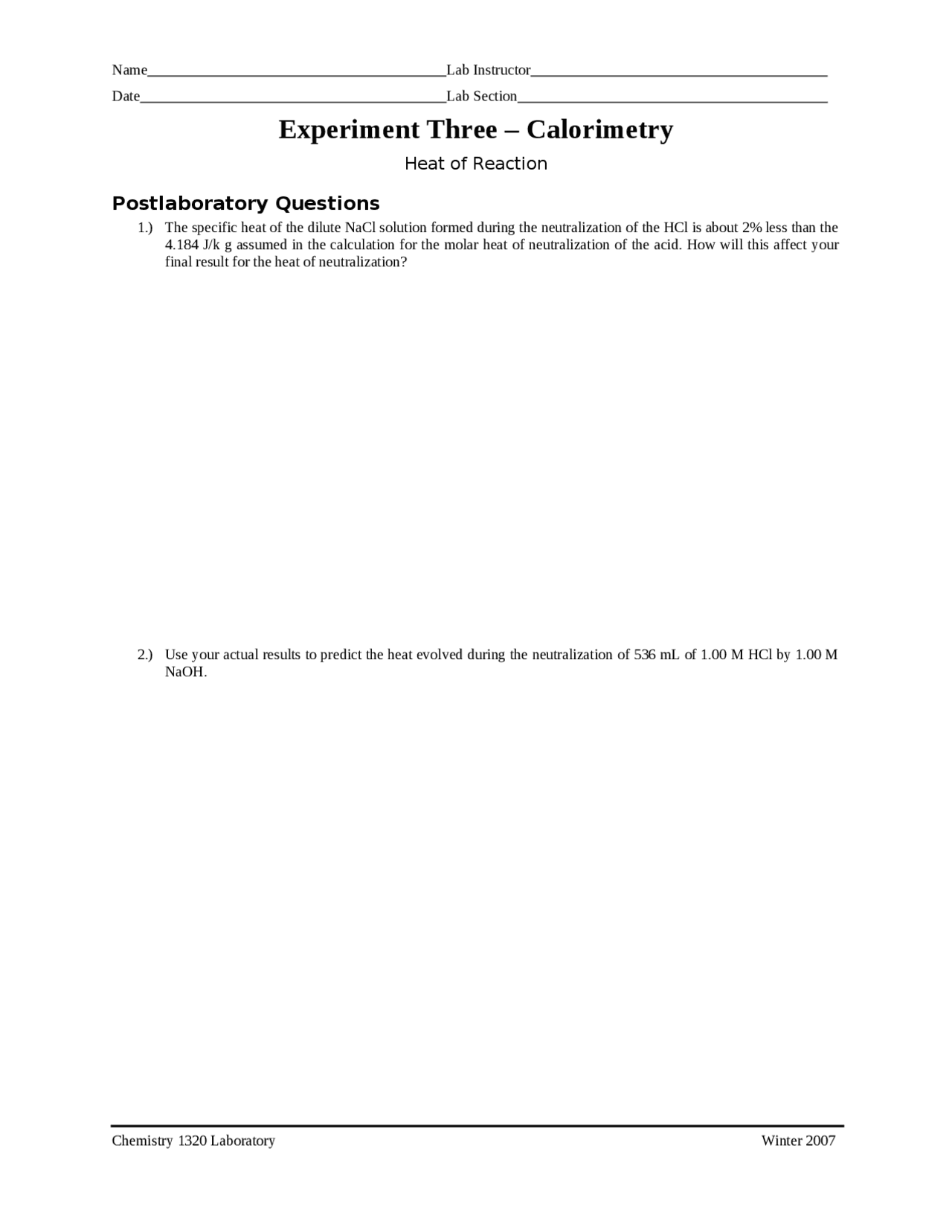 Heat of Reaction - General Chemistry II with Lab – Experiment 3 | CHEM ...