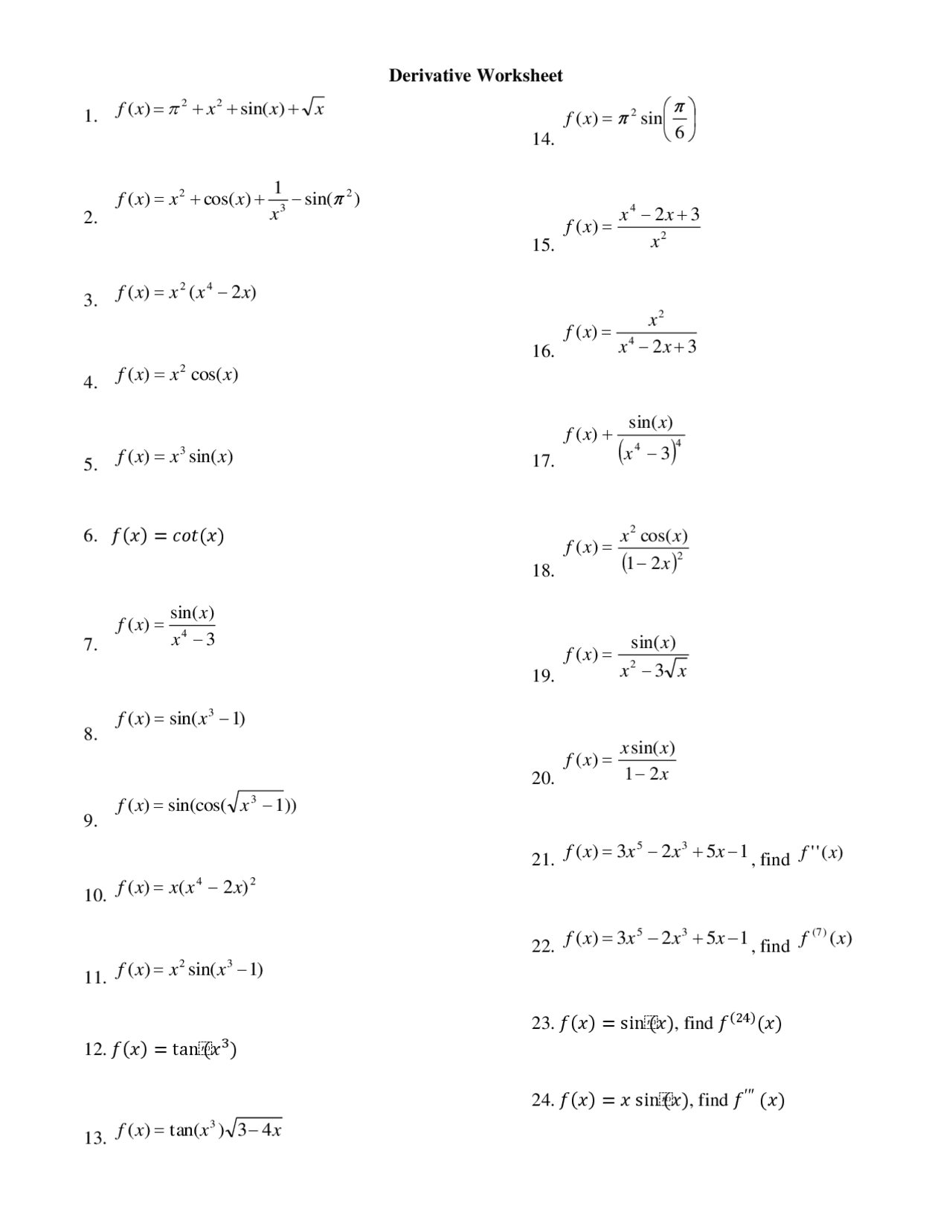 Derivative Worksheet Calculus I Math 1401 Assignments Calculus