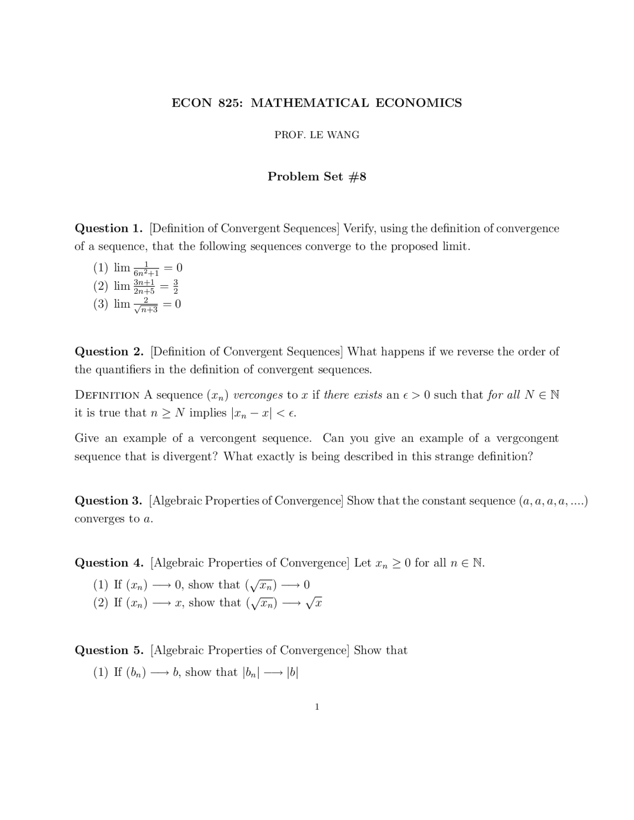 Problem Set 8 Mathematical Economics Econ 825 Docsity
