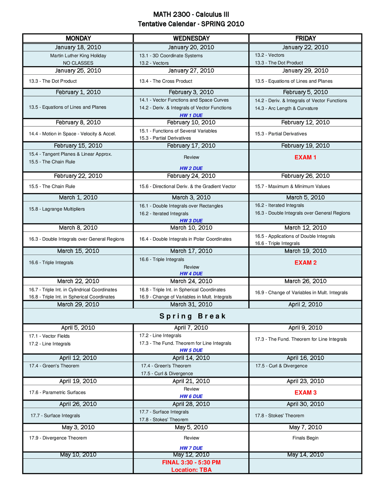 Tentative Calendar for Assignment 7 - Calculus III - Fall 2010 | MATH ...