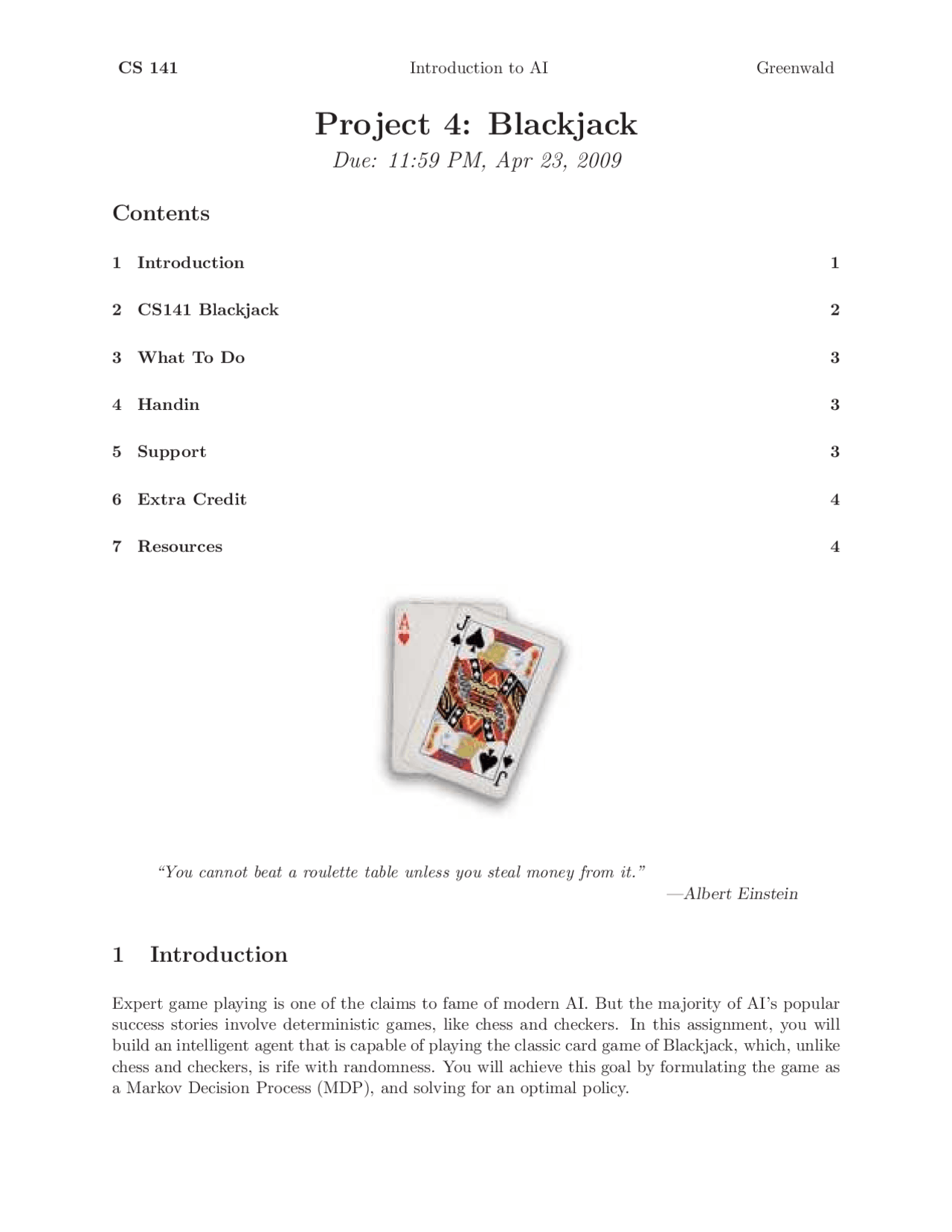 Project 4 Blackjack Due Introduction To Artificial Intelligence Csci 1410 Docsity