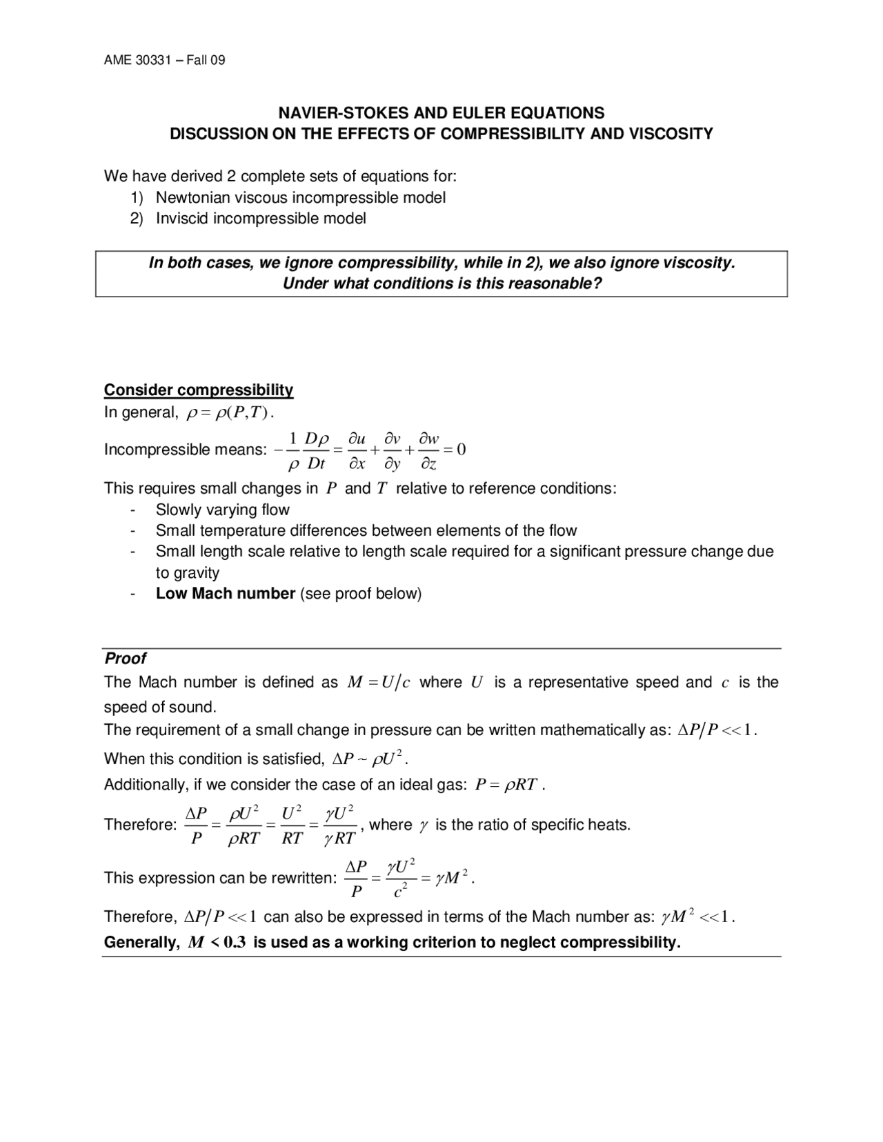 Naiver Stock and Euler Equation - Fluid Mechanics | AME 30331 - Docsity
