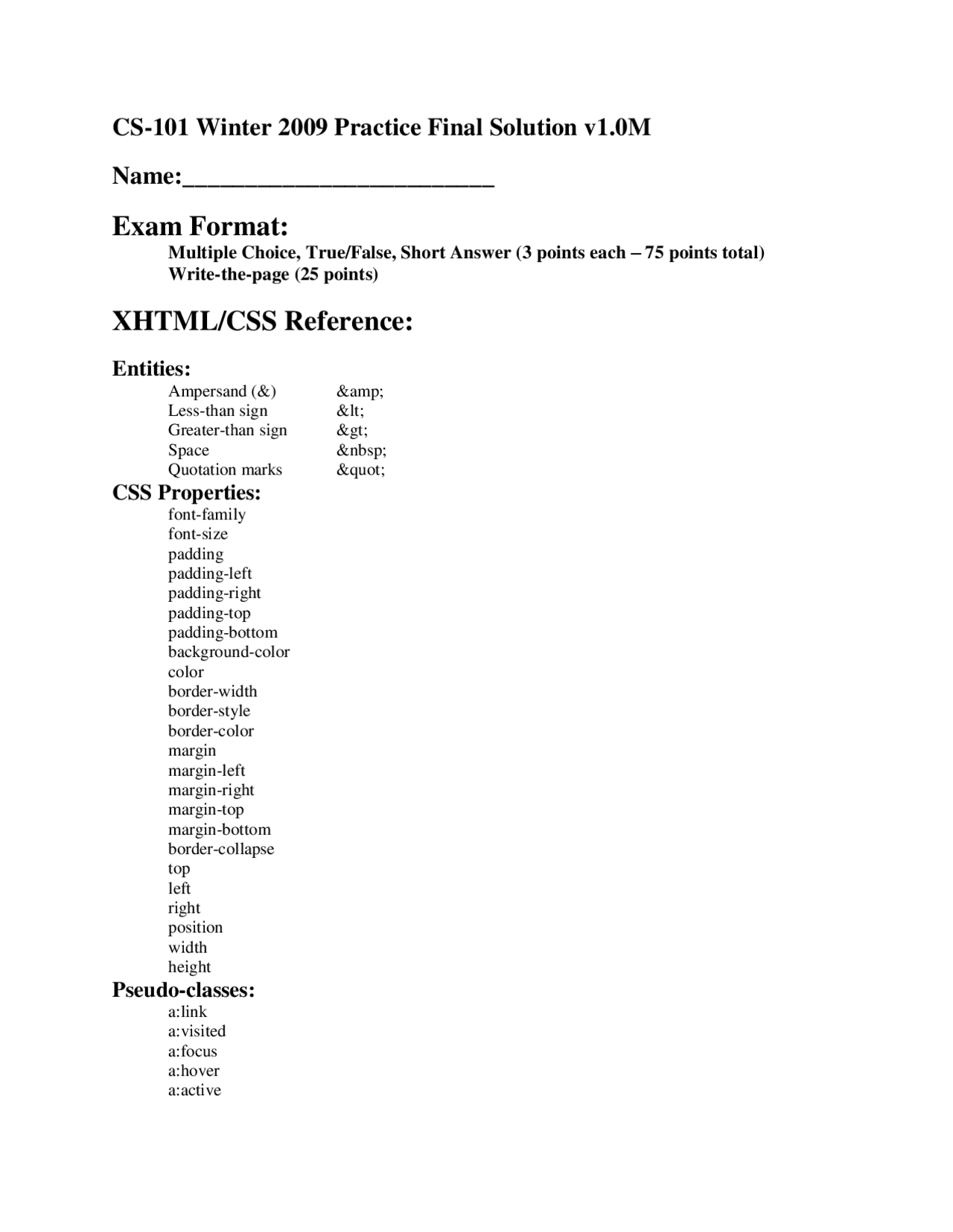 XHTML and CSS Practice Final Exam Solutions | Exams Computer Science ...