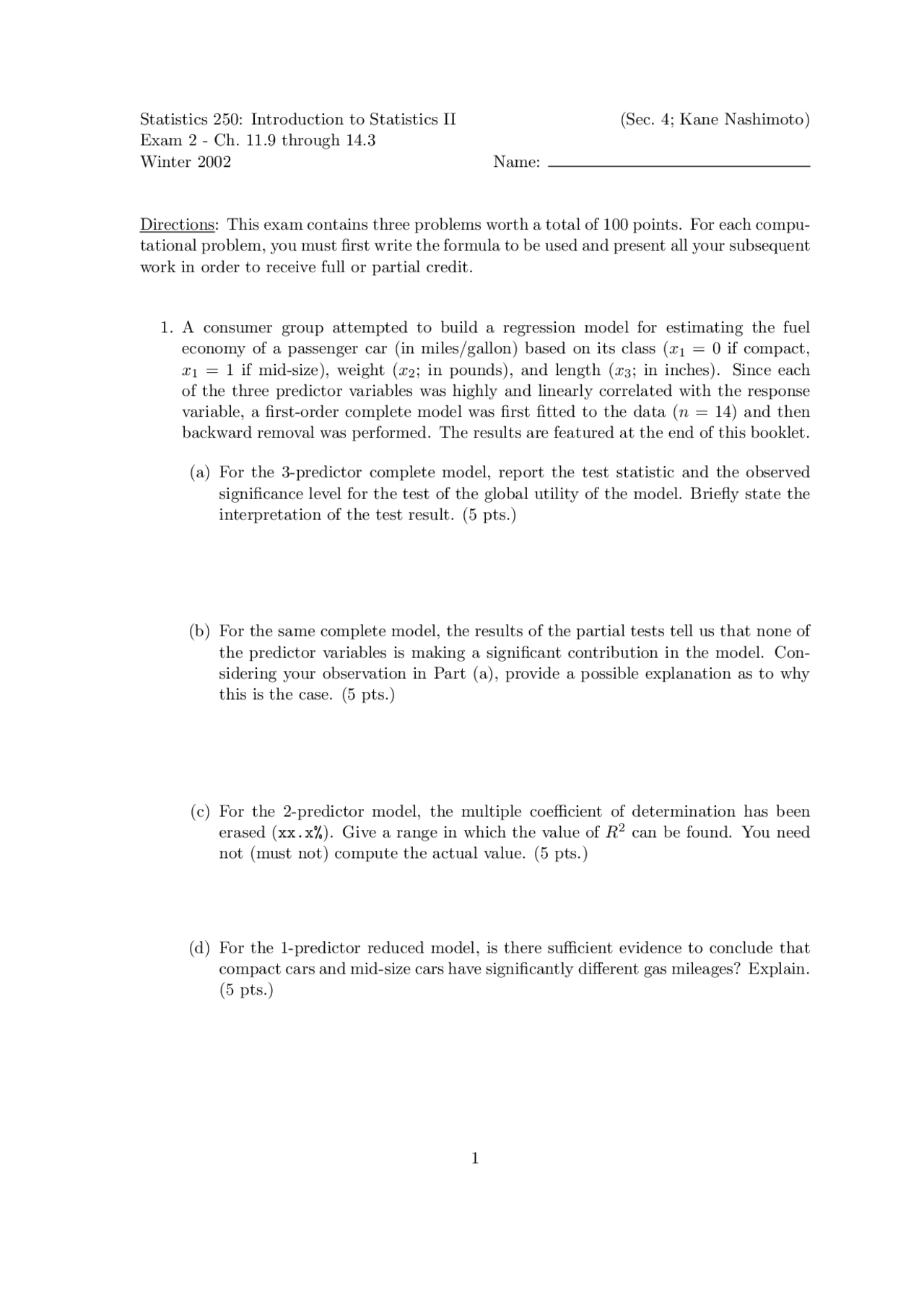 Solved Problems On Regression Model Examination 2 Stat 3500 Docsity