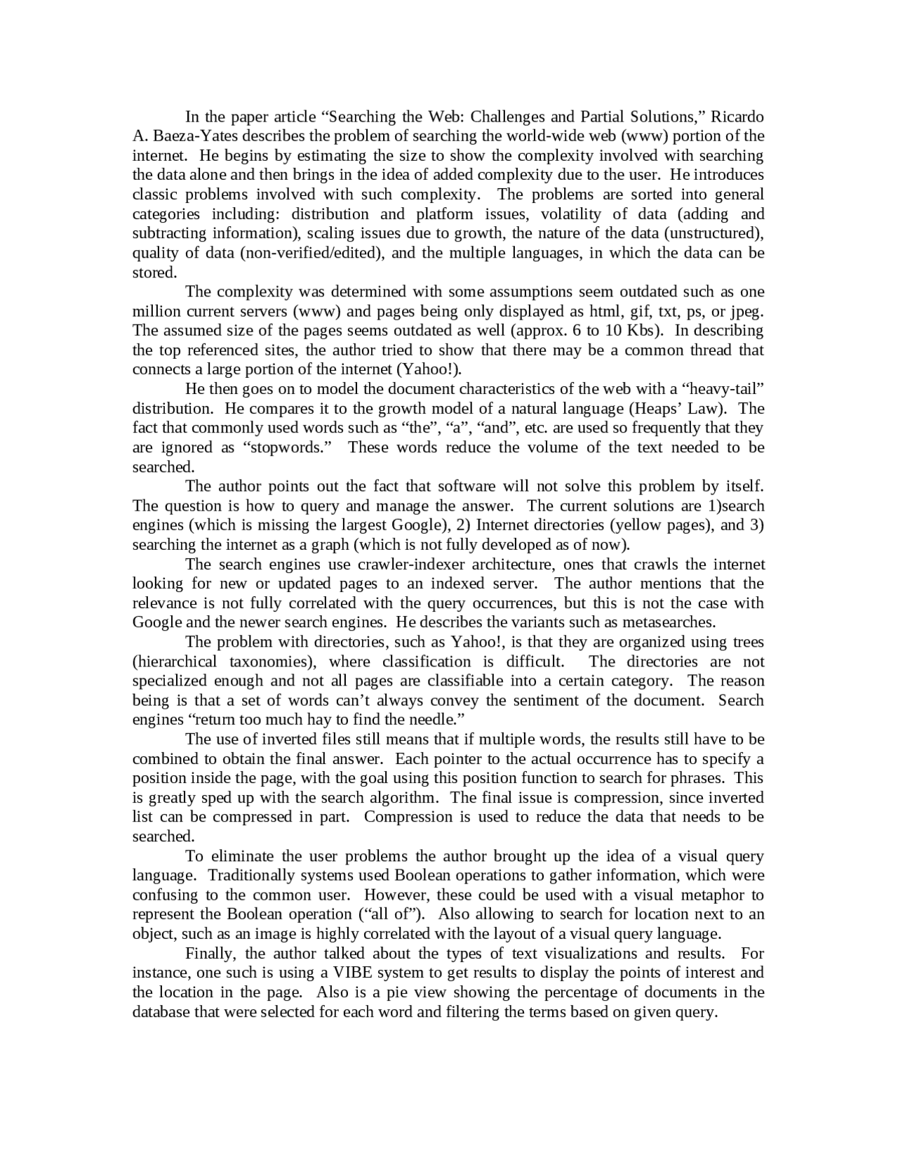 Searching the Web: Challenges and Partial Solutions | CS 263 - Docsity