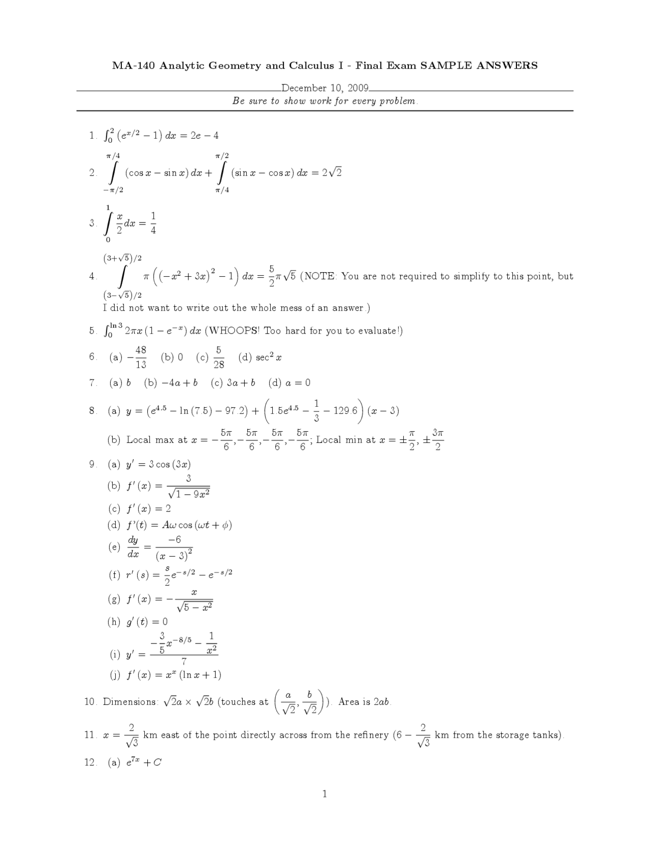 MA-140 Analytic Geometry and Calculus I - Final Exam Sample Answers: December 2009 - Prof ...