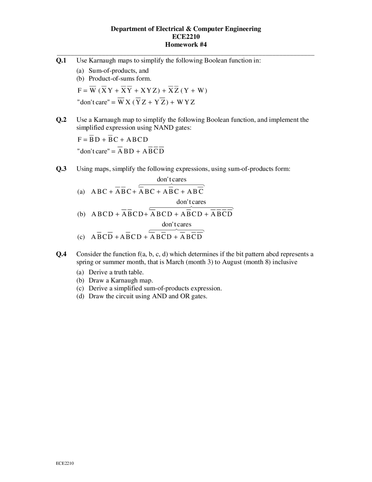 4 Questions For Assignment 4 Introduction To Digital Systems Ece