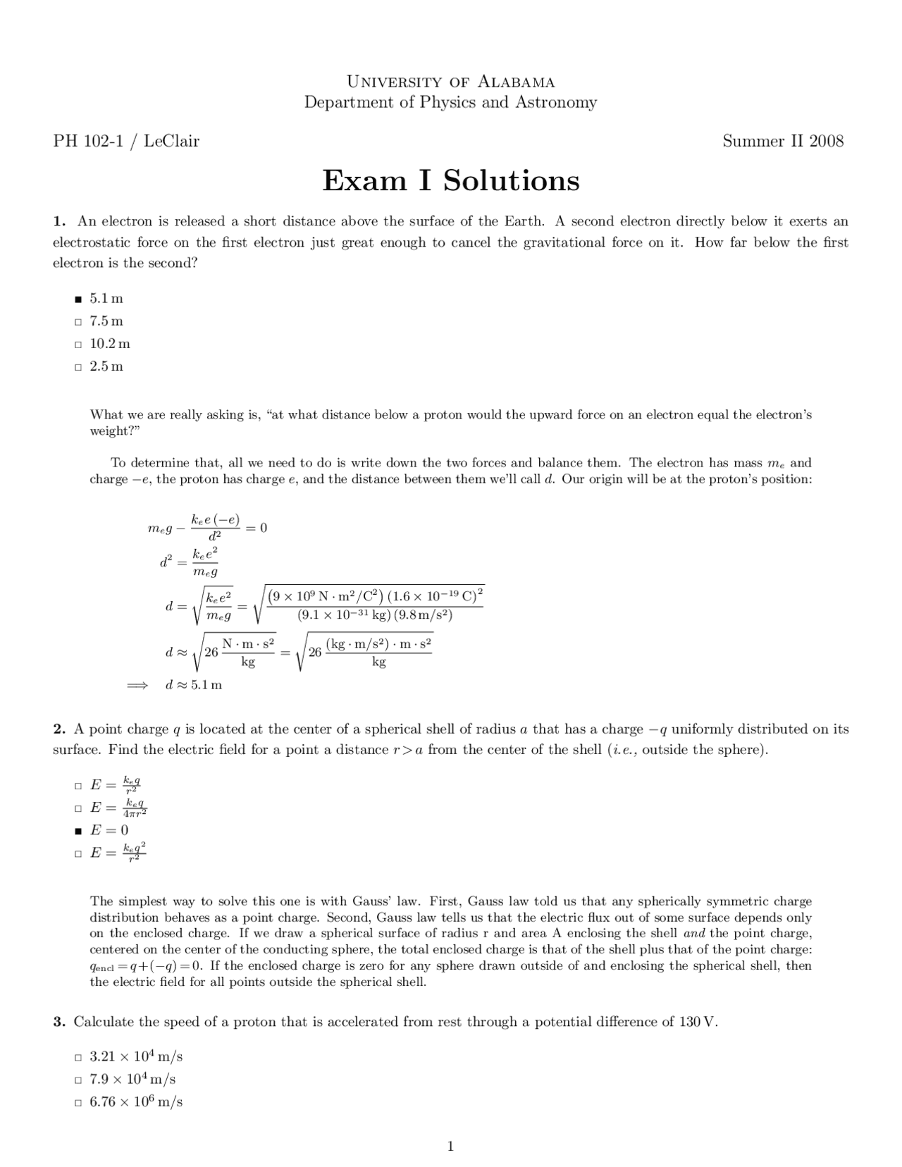 10 Questions on General Physics II - Examination 1 | PH 102 - Docsity