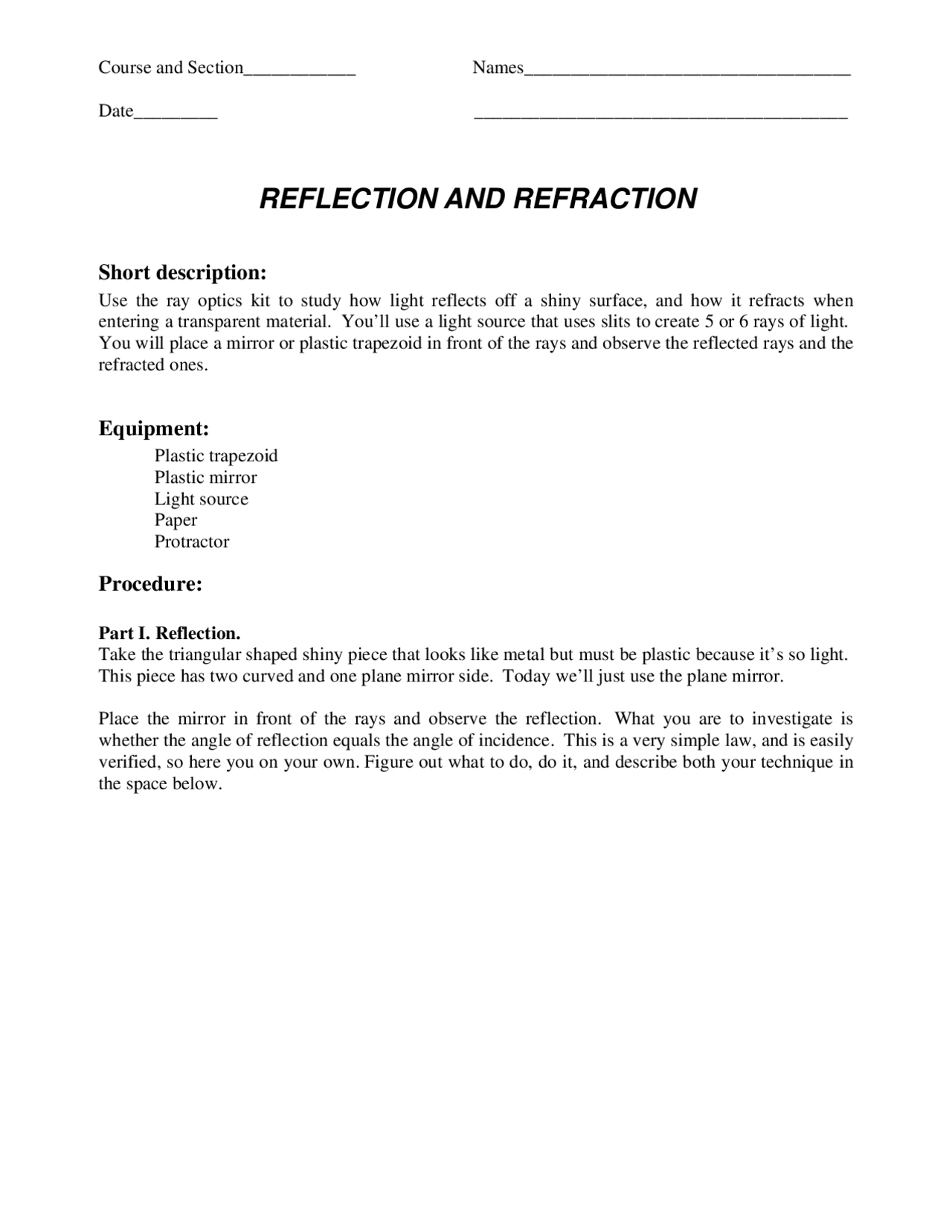 Reflection And Refraction Laboratory 10 Report Ph 106 Docsity