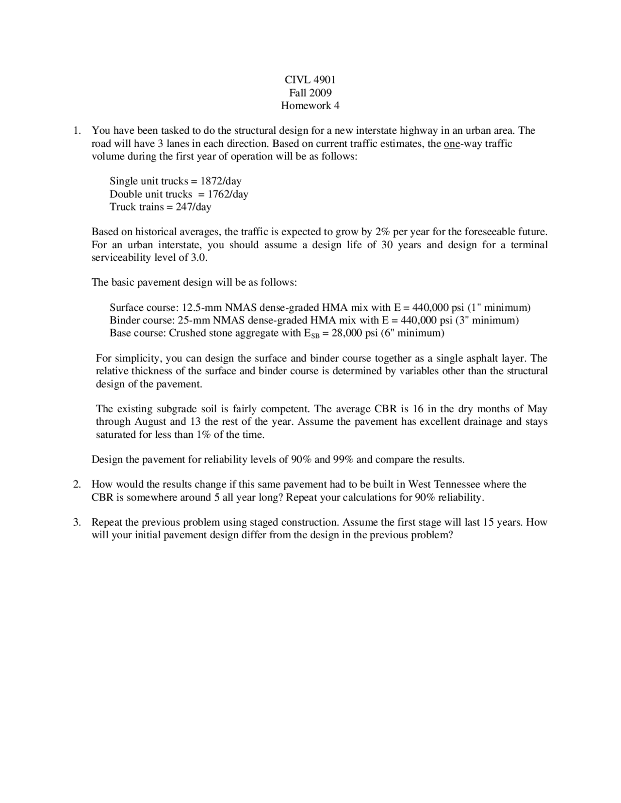 Homework 4 Problems Pavement Design And Evaluation Civl 4901 Docsity