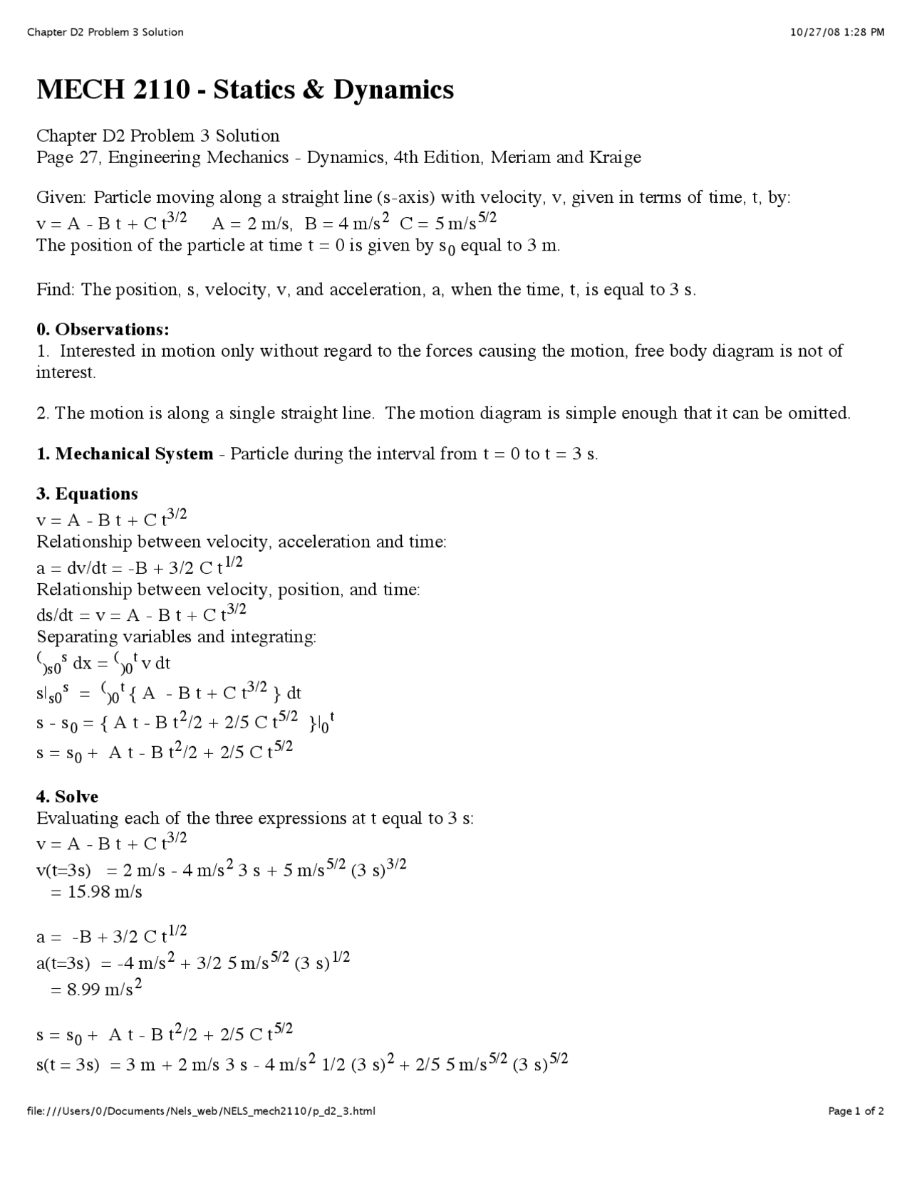 Problems Solutions Statistics And Dynamics Mech 2110 Docsity