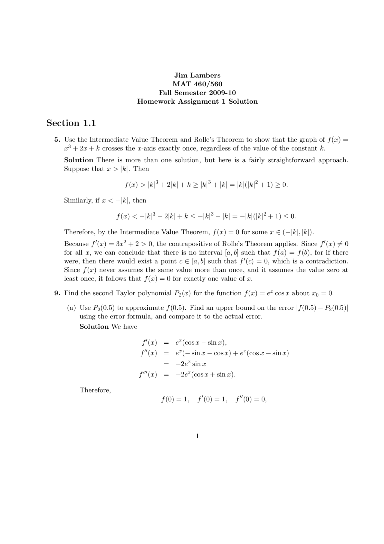 Solutions For Assignment 1 Numerical Analysis Mat 460 Docsity