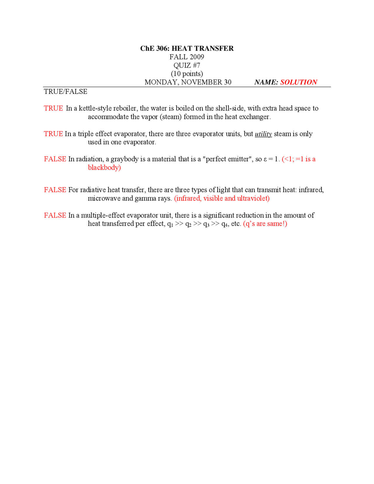 Questions With Solutions On Heat Transfer Operations Quiz 7 Che 306