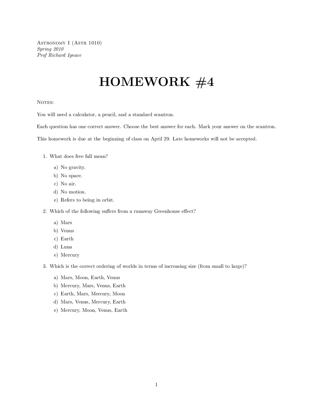 Multiple Choice Questions For Astronomy I Assignment Astr 1010