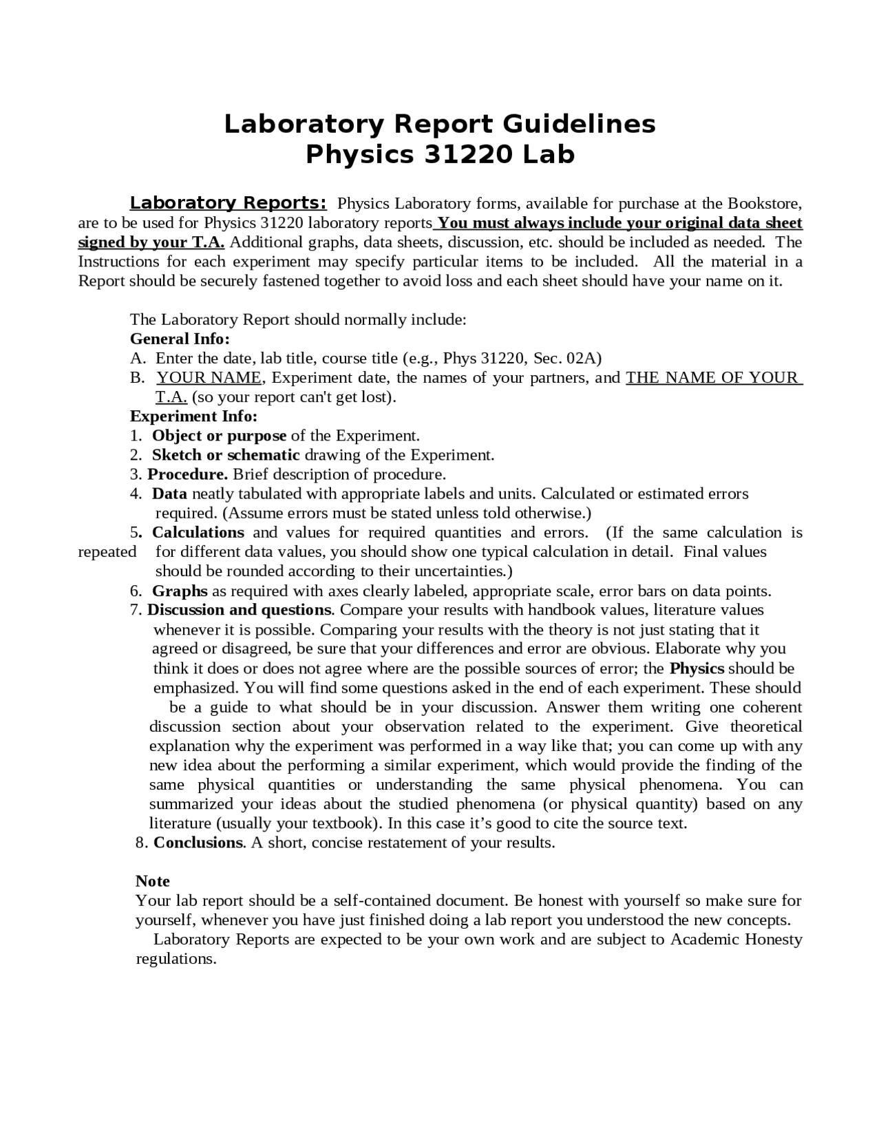 Laboratory Report Guidelines Physics Ii Laboratory Phys 31220 Docsity