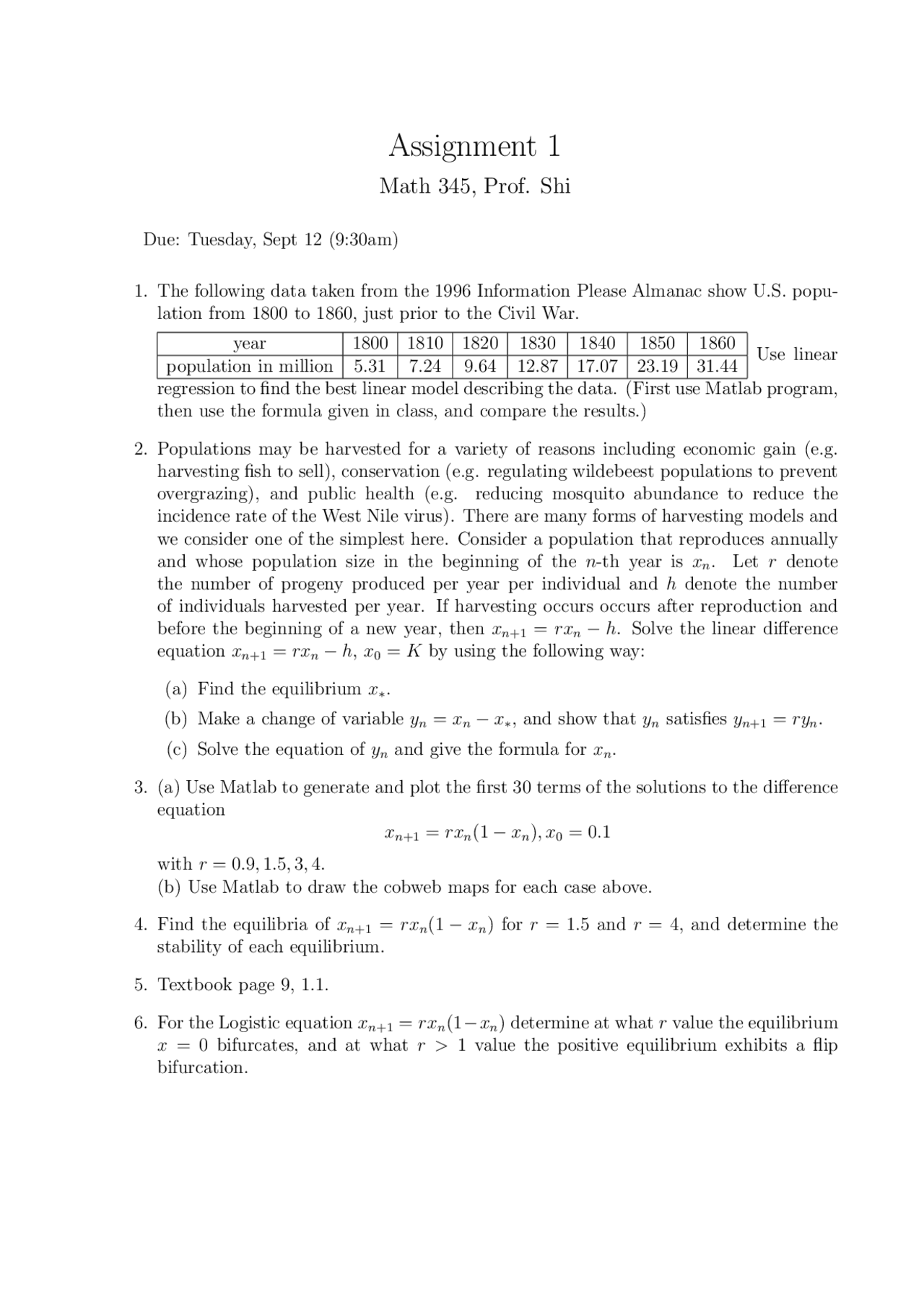 Introduction To Mathematical Biology Assignment 1 Math 345 Docsity