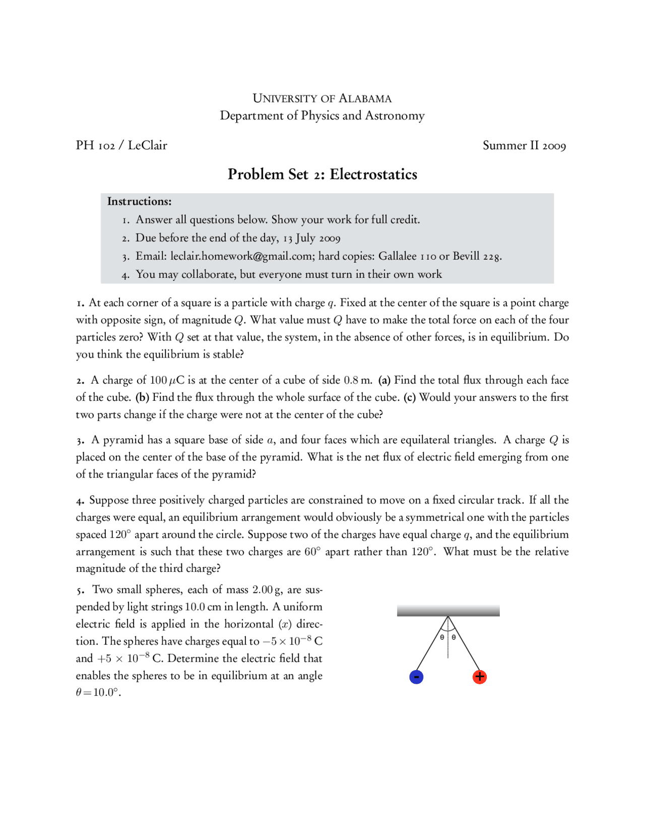 Problem Set 2 Electrostatics General Physics Ii Ph 102 Docsity