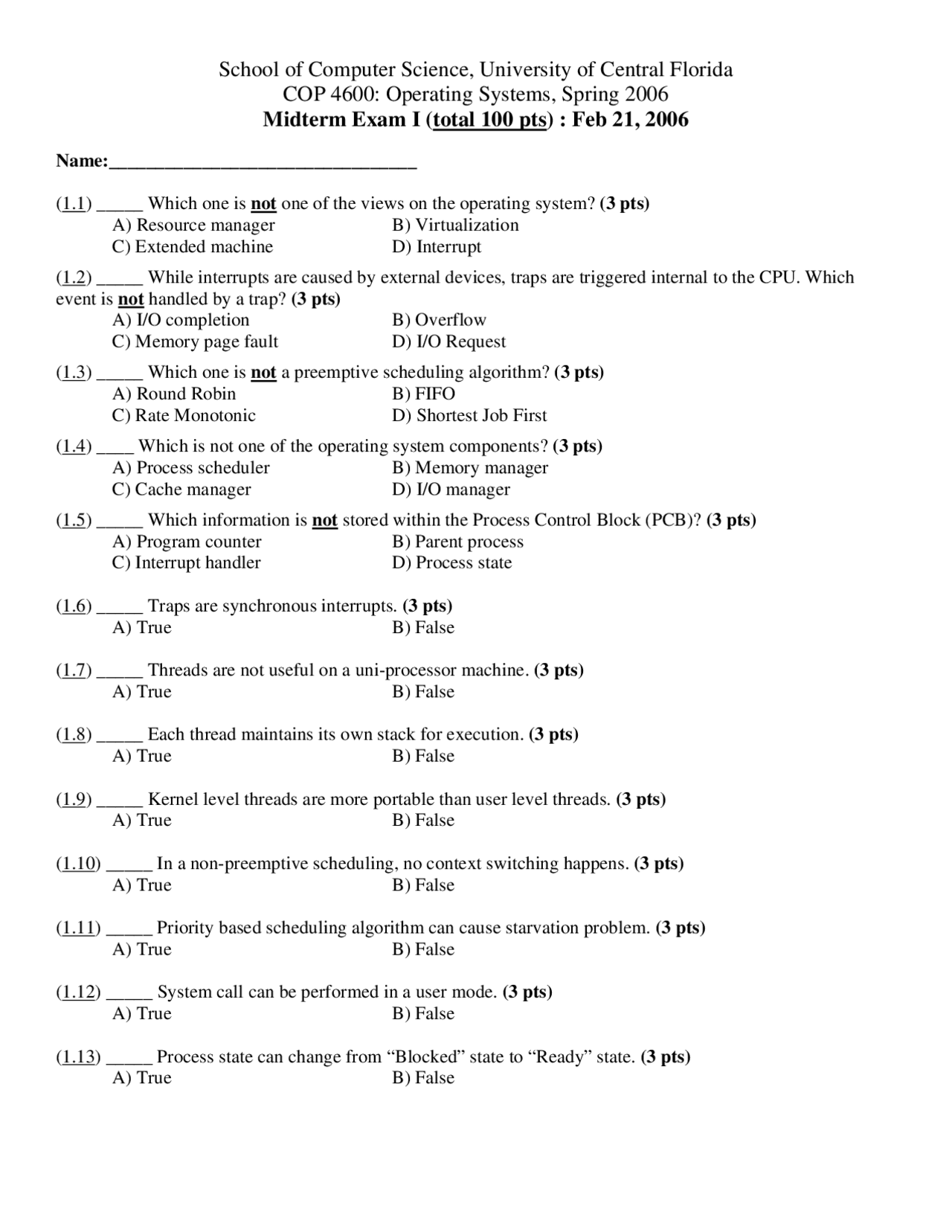 Midterm Exam 1 Questions On Operating Systems Spring 2006 Cop 4600