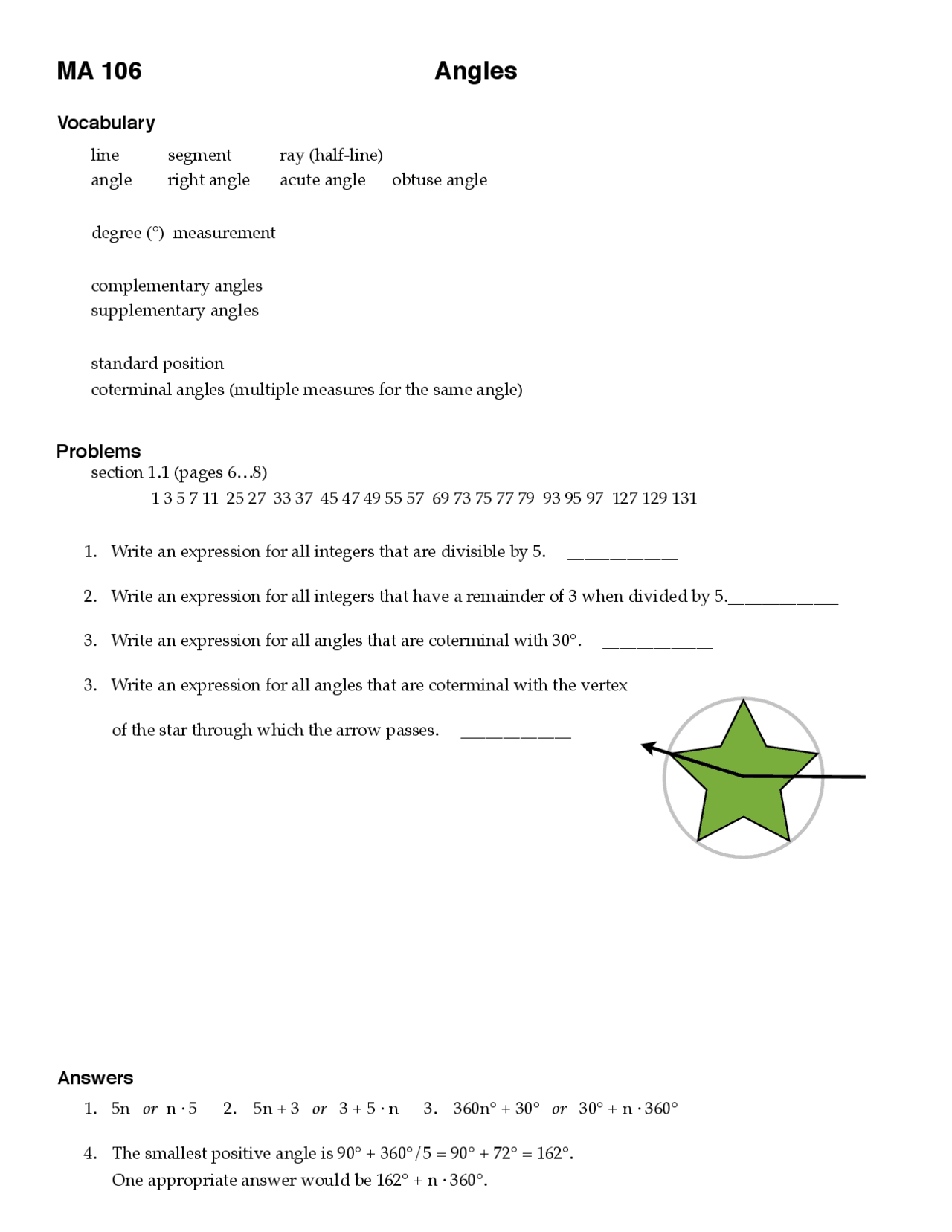 Vocabulary Notes On Angles Trigonometry Ma 106 Docsity