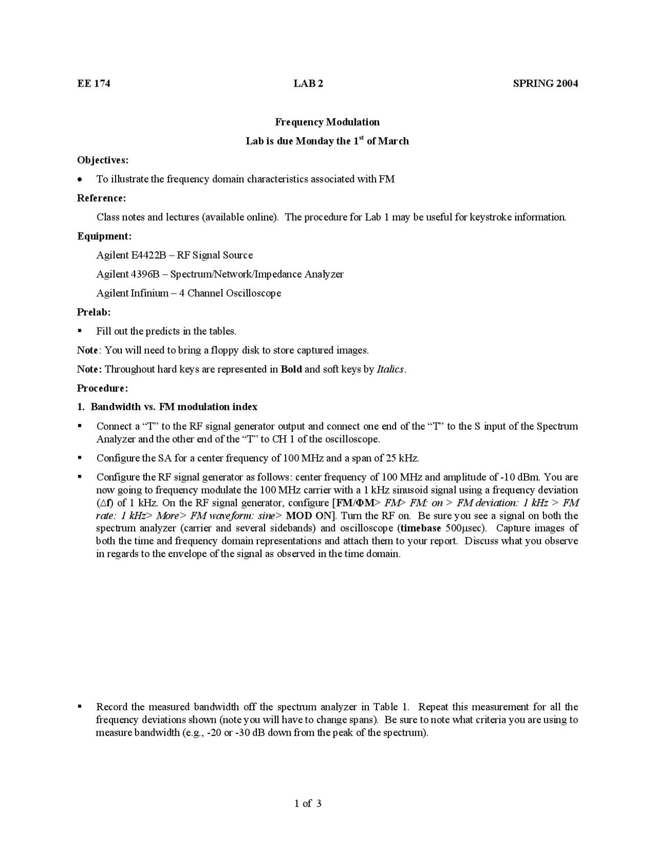 Lab 2 For Frequency Modulation Communication Systems Ee 174 Docsity