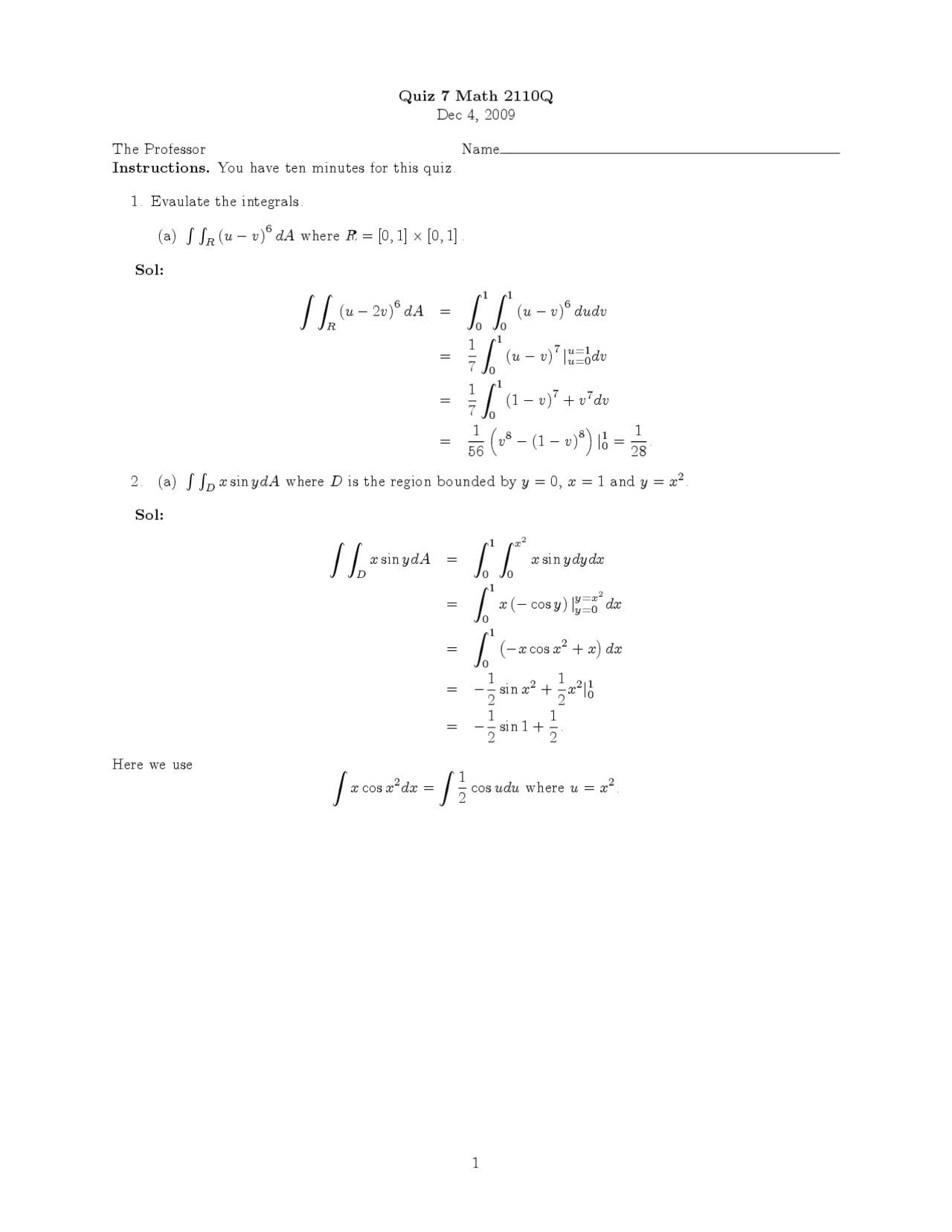 Quiz 7 With Resolution Multivariable Calculus Math 2110 Docsity