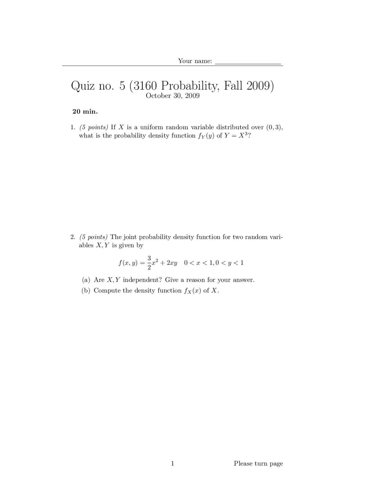 Probability - Quiz 6 Questions | MATH 3160 | Docsity