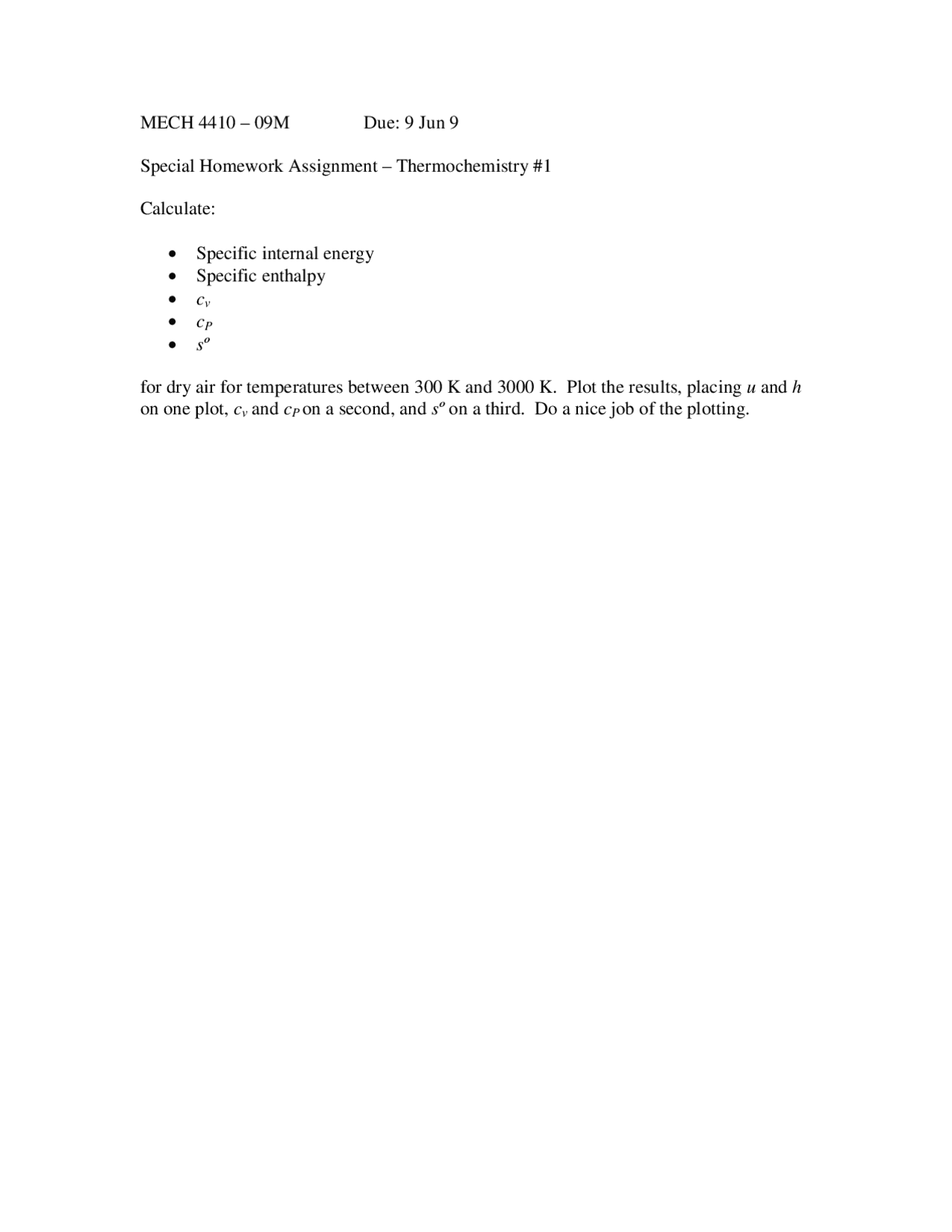 Special Homework Assignment Thermochemistry I Mech 4410 Docsity
