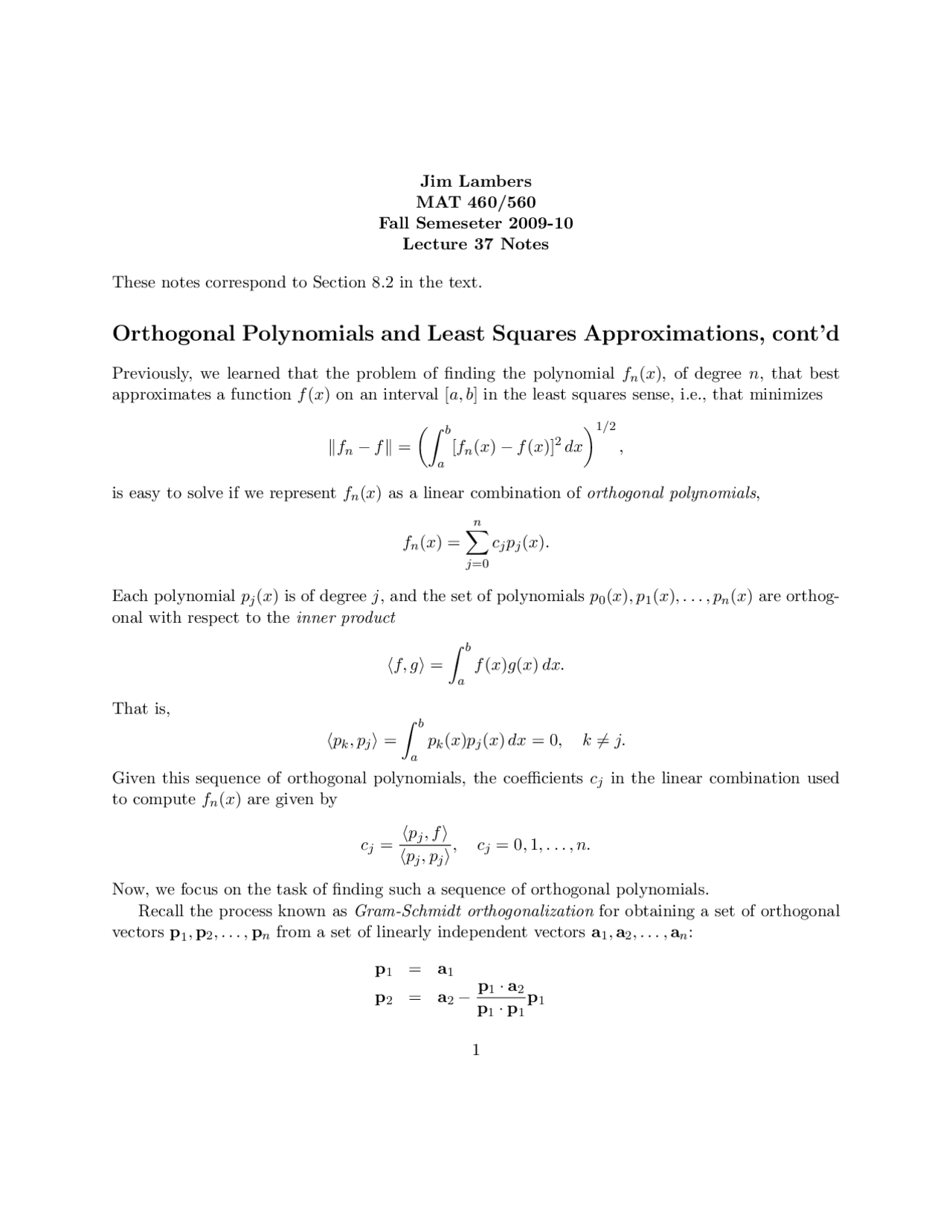 Orthogonal Polynomials and Least Squares Approximations | MAT 460 - Docsity