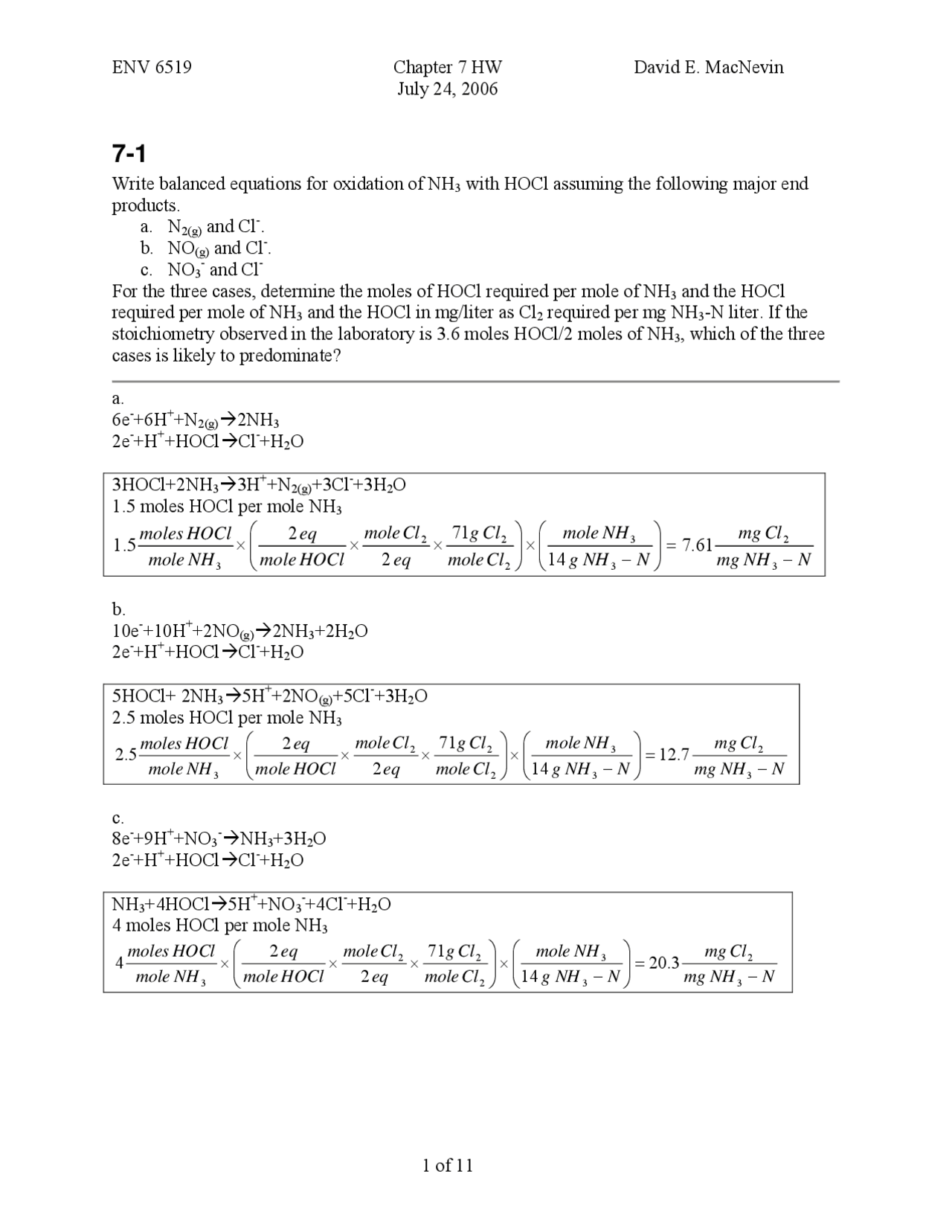 Homework 7 For Aquatic Chemical Processes Env 6519 Assignments