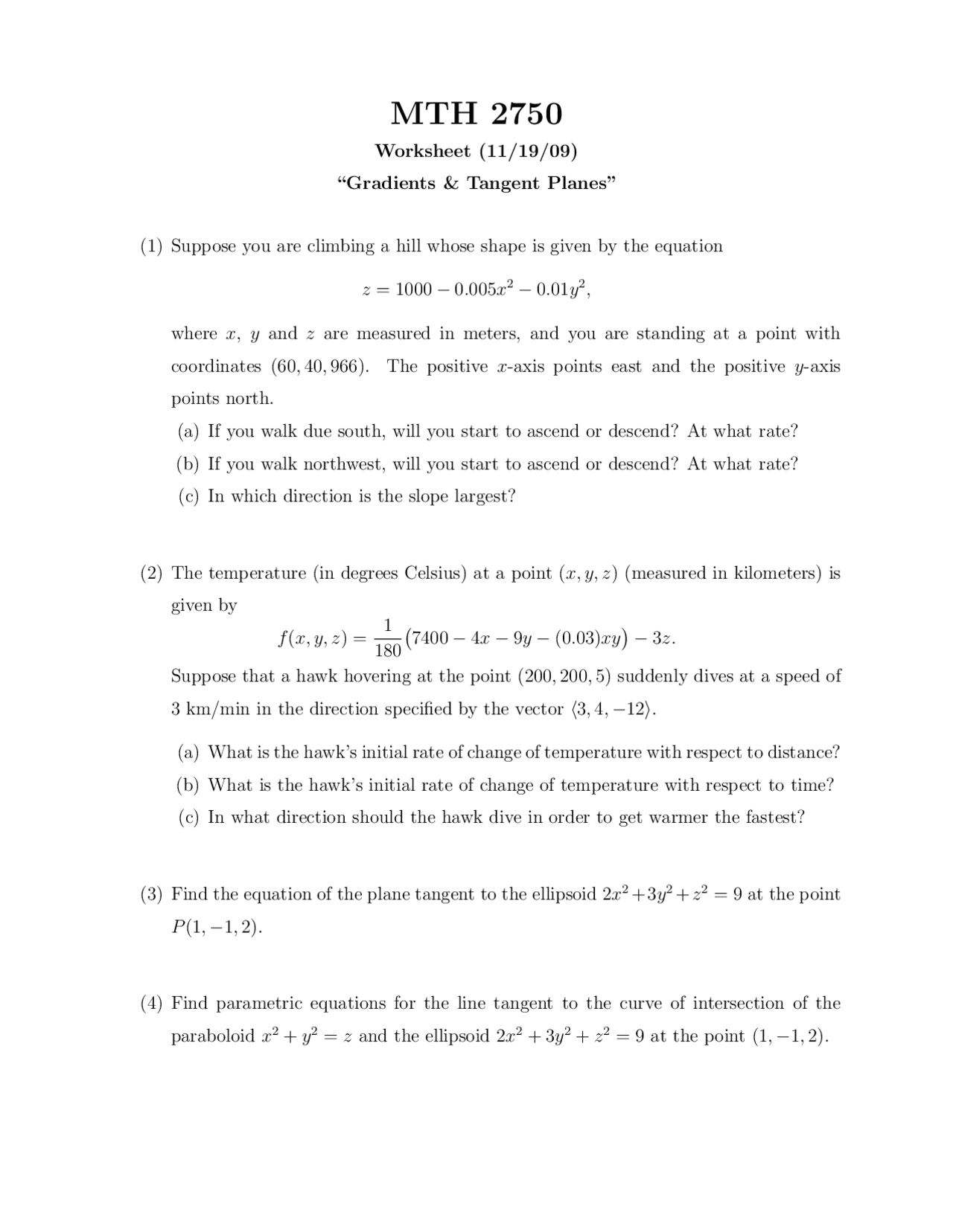 Gradients And Tangent Planes Assignment 4 Mth 2750 Docsity